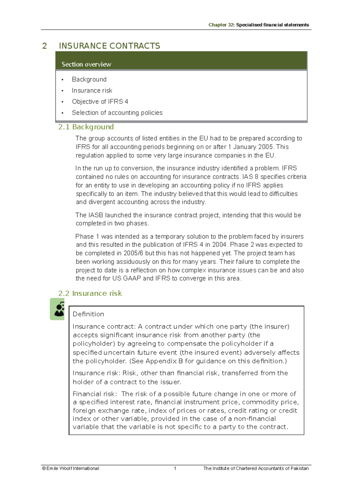 Insurance Contracts - 2 INSURANCE CONTRACTS Section overview Background ...