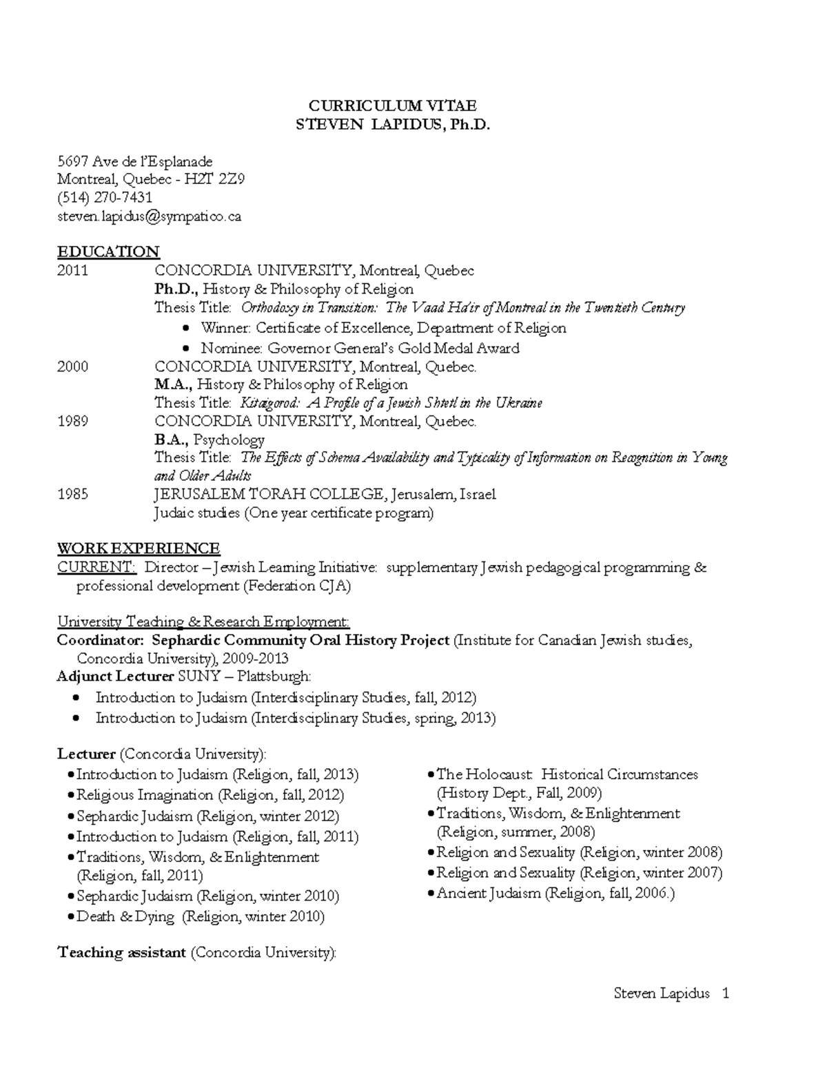 Steven Lapidus CV - PhD in History & Philosophy of Religion - CURRICULUM VITAE STEVEN LAPIDUS ...