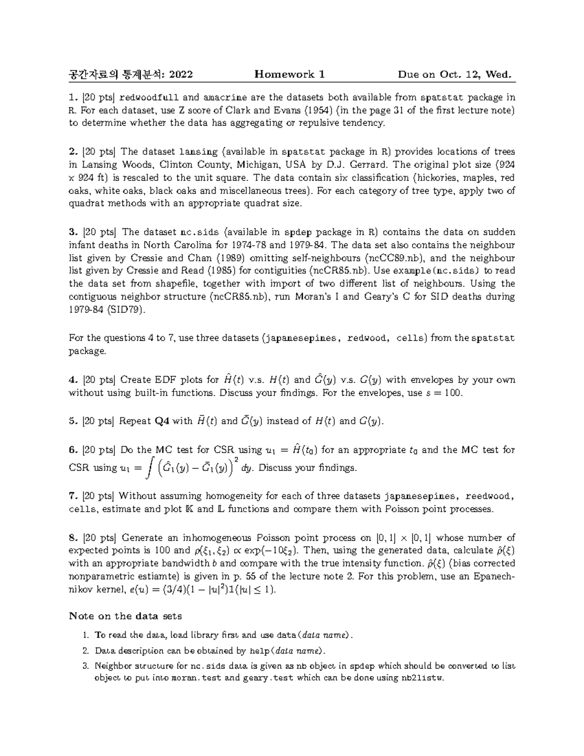 Hw1 - Theory of spatial statistics - 공간자료의 통계분석: 2022 Homework 1 Due on Oct. 12, Wed. [20 pts ...