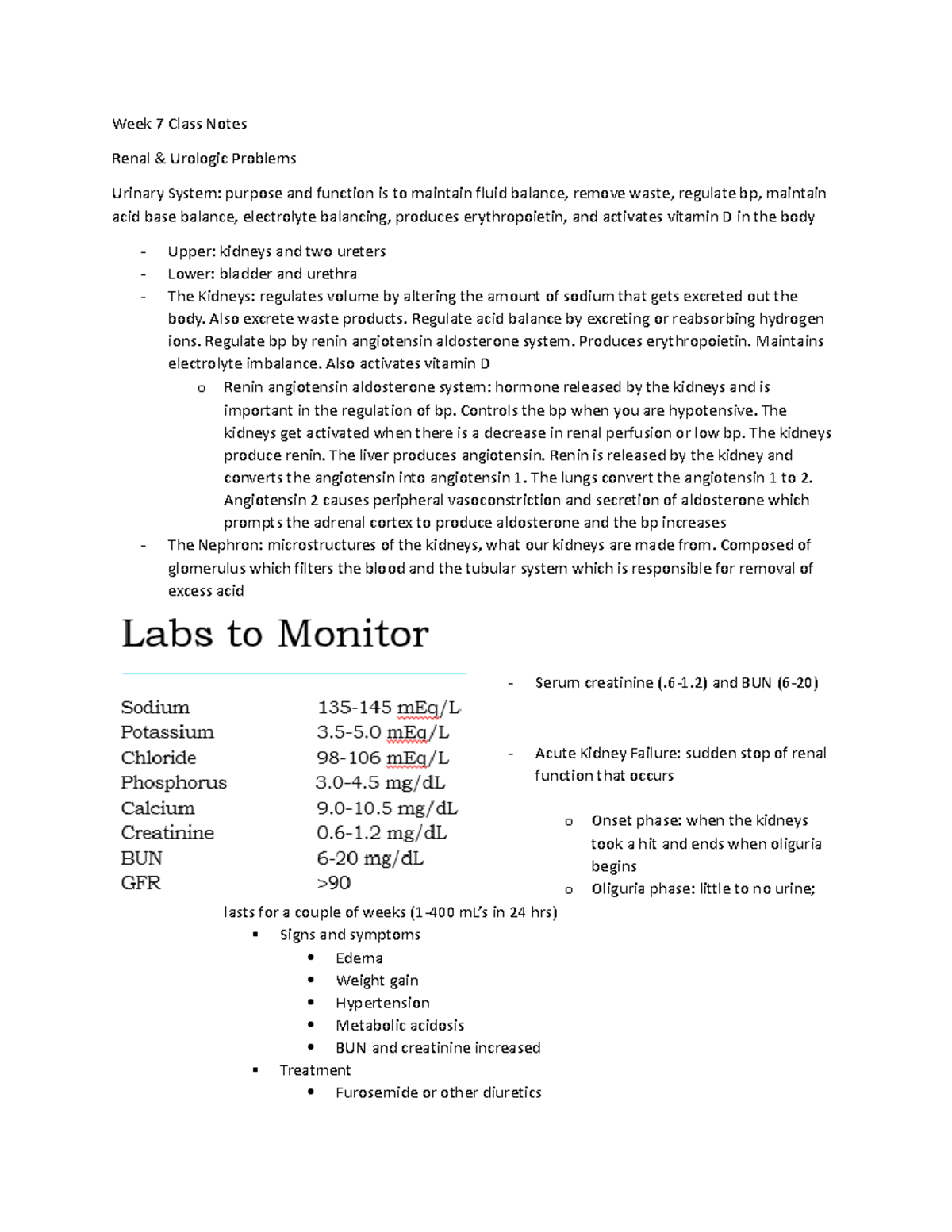 Week 7 Class Notes - Week 7 Class Notes Renal & Urologic Problems ...
