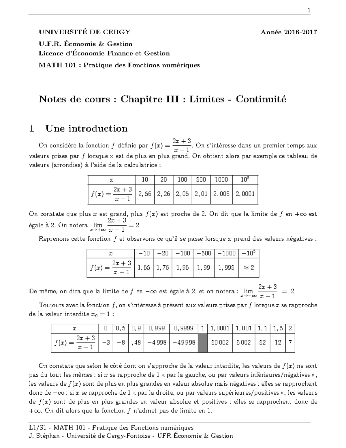 L1S1 Cours partie 2 - UNIVERSITÉ DE CERGY Année 2016- U.F. Économie & Gestion Licence d’Économie ...