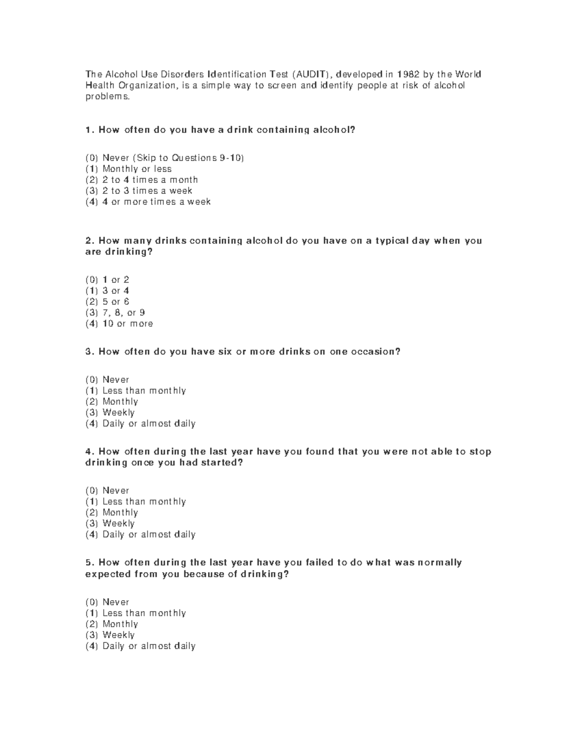 Audit screener for alcohol - The Alcohol Use Disor der s I dent ificat ...