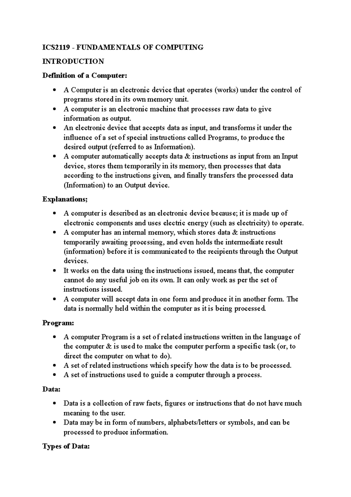 Fundamentals of Computing notes - ICS2119 FUNDAMENTALS OF COMPUTING ...