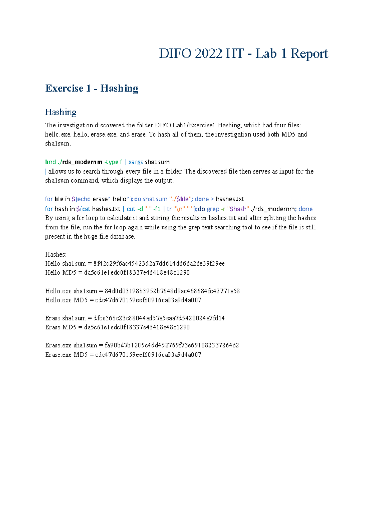 DIFO 2022 LAB1 Report - Rapporten handlar om hashing, file identification, anti forensics ...