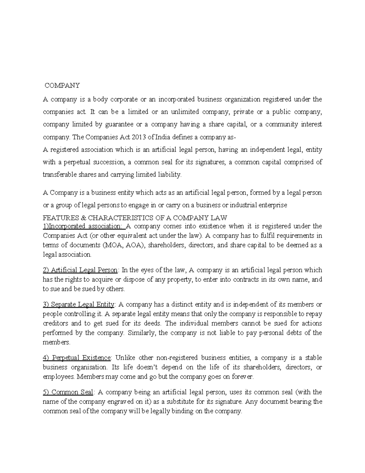 Business law module 4-Company law - COMPANY A company is a body ...