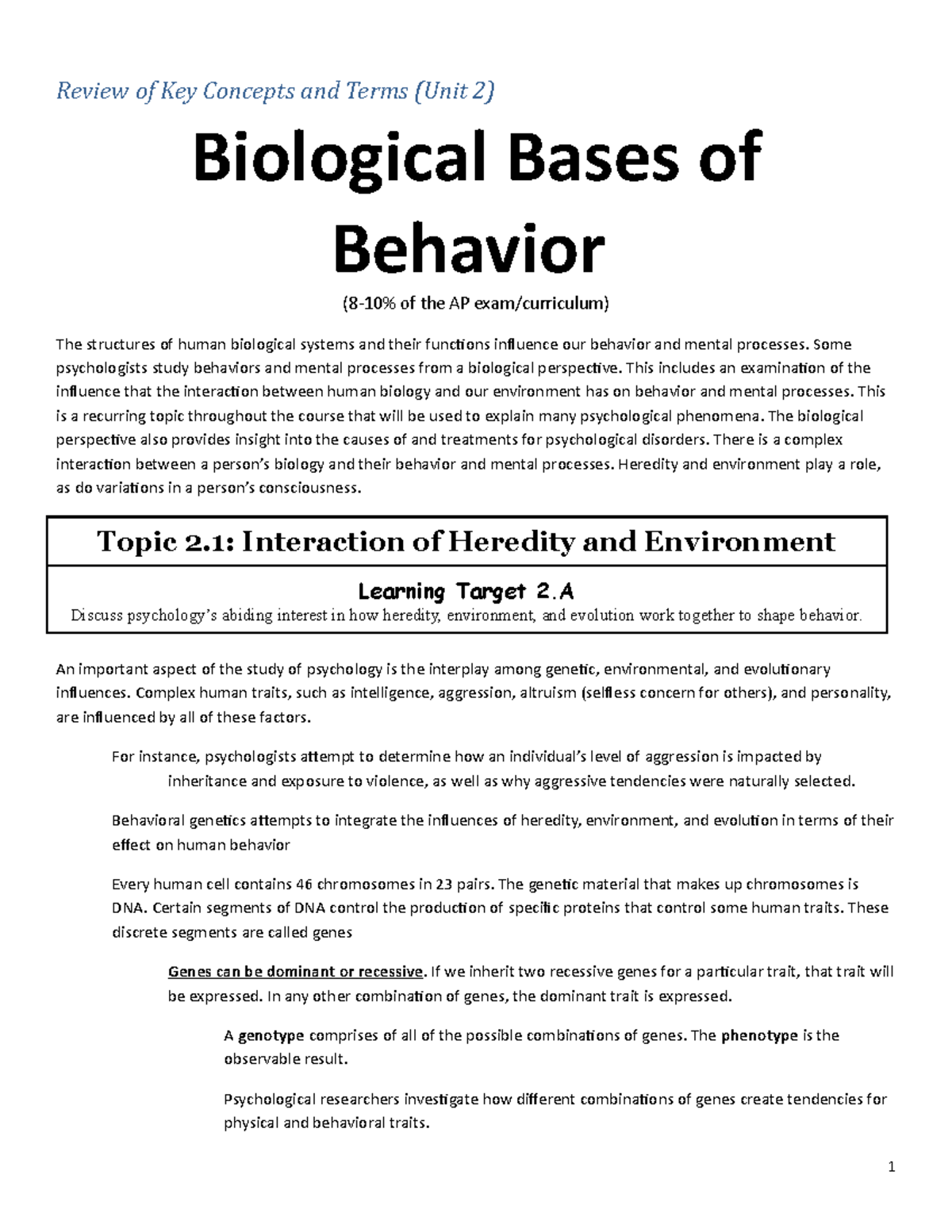 U2- Biological Bases of Behavior - Review of Key Concepts and Terms ...