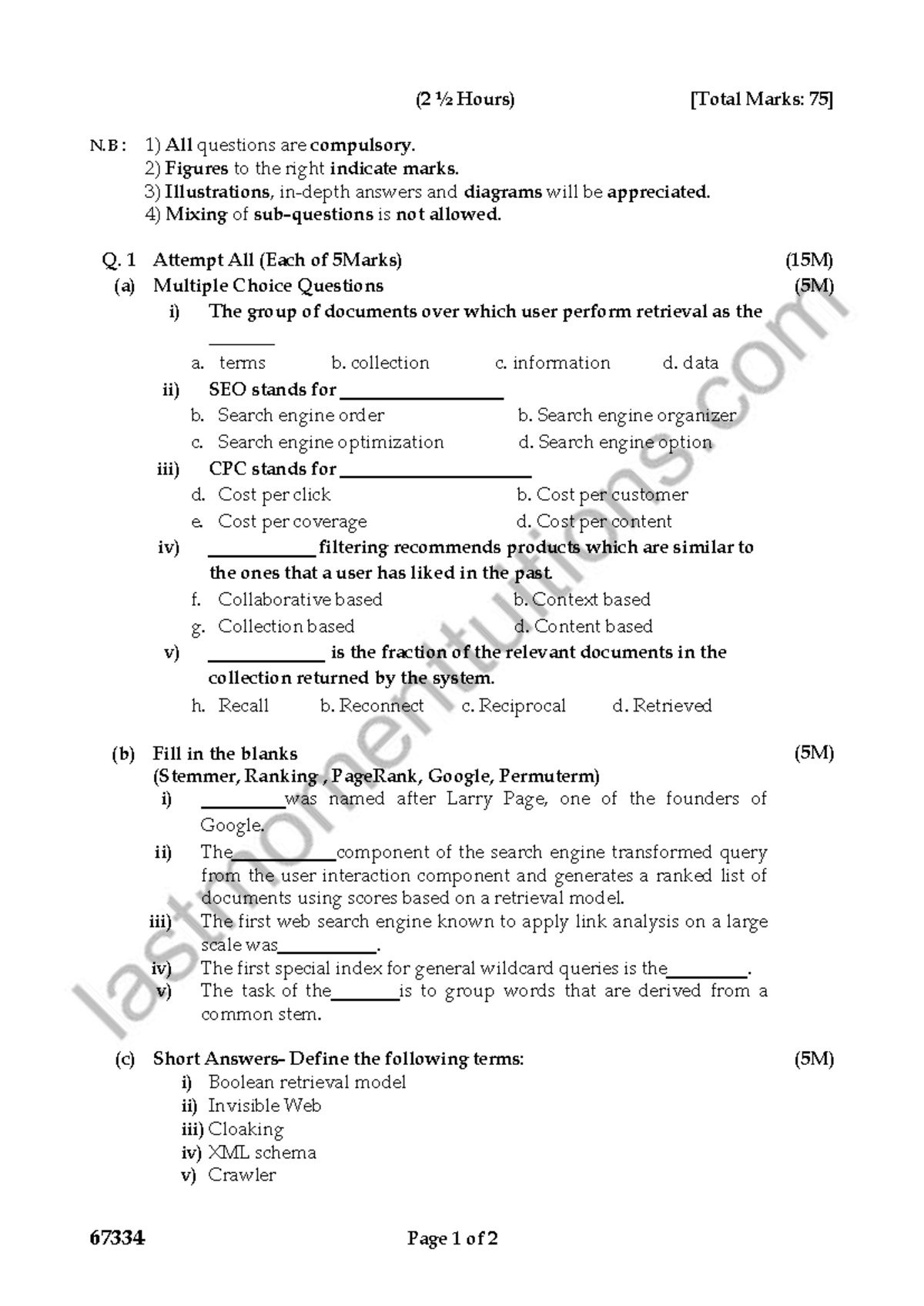 Tybsc-CS SEM6 IR NOV19 - Question Papers - 67334 Page 1 of 2 (2 ½ Hours) [Total Marks: 75] N : 1 ...