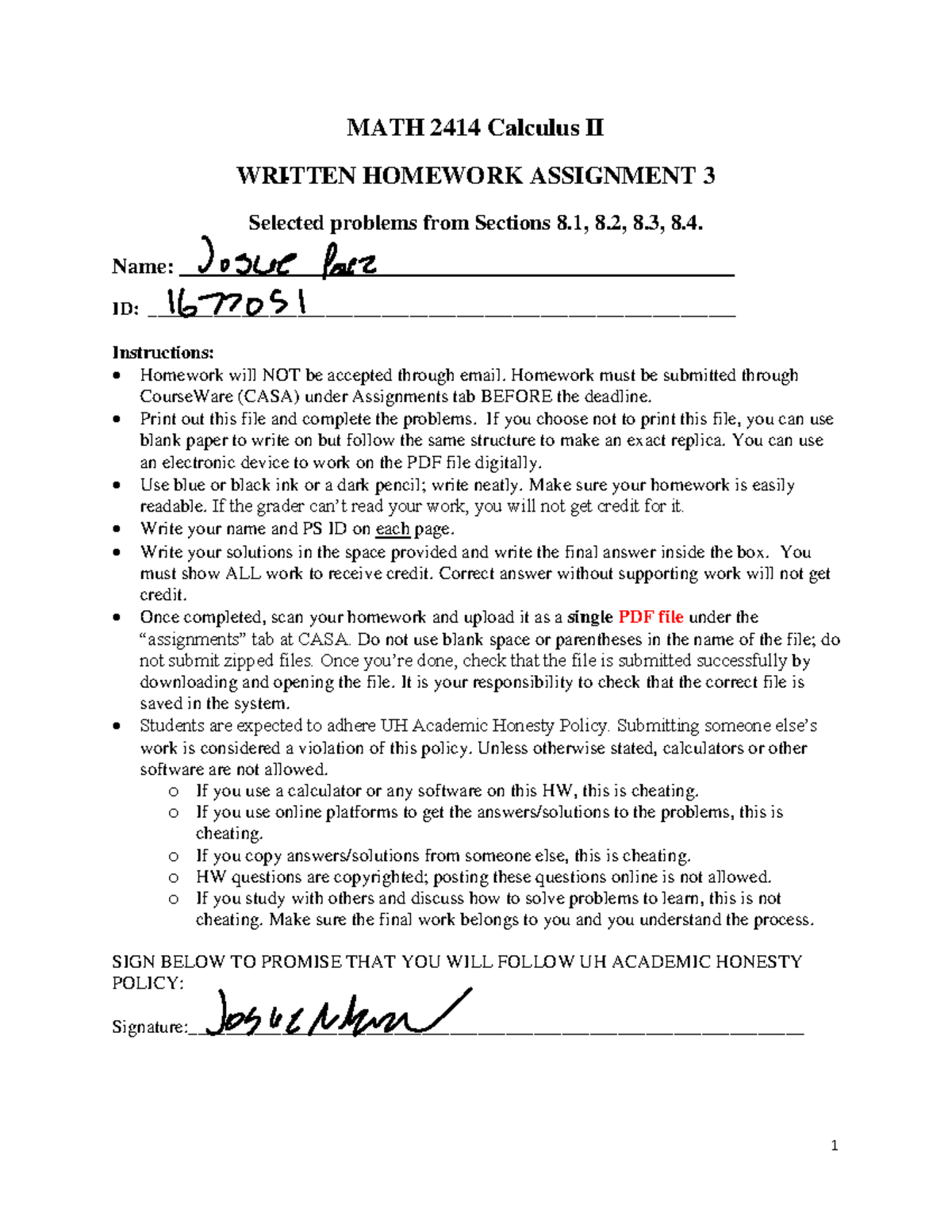 2414 whw3 - Written Homework - MATH 2414 Calculus II WRITTEN HOMEWORK ASSIGNMENT 3 Selected ...