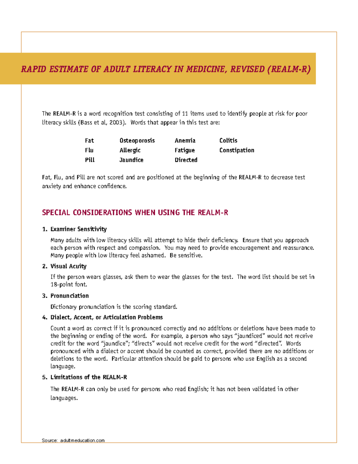 RAPID ESTIMATE OF ADULT LITERACY IN MEDICINE REALM-R - PTA 217 ...