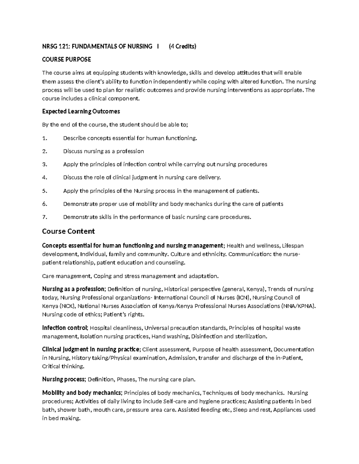 NRSG 121 Fundamental Nursing I Student Course Outline - NRSG 121 ...