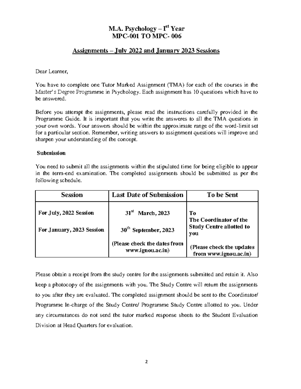 MPC Ist YEAR Asstt 2022-23 pdf - M. Psychology – Ist Year MPC-001 TO MPC- 006 Assignments – July ...