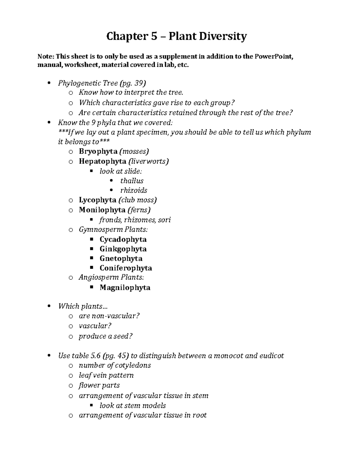 Chapter 5 - Review - Chapter 5 – Plant Diversity Note: This sheet is to ...