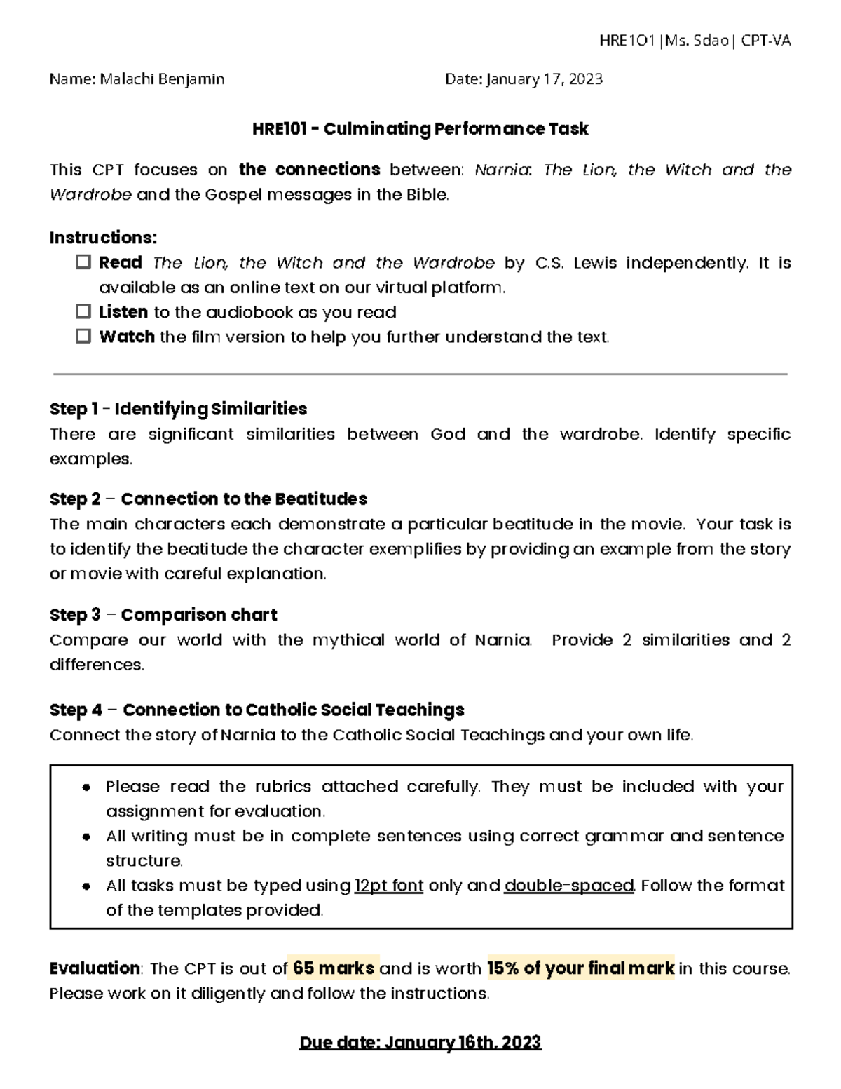 Culminating Performance Task - Accomodated - HRE1O1|Ms. Sdao| CPT-VA ...