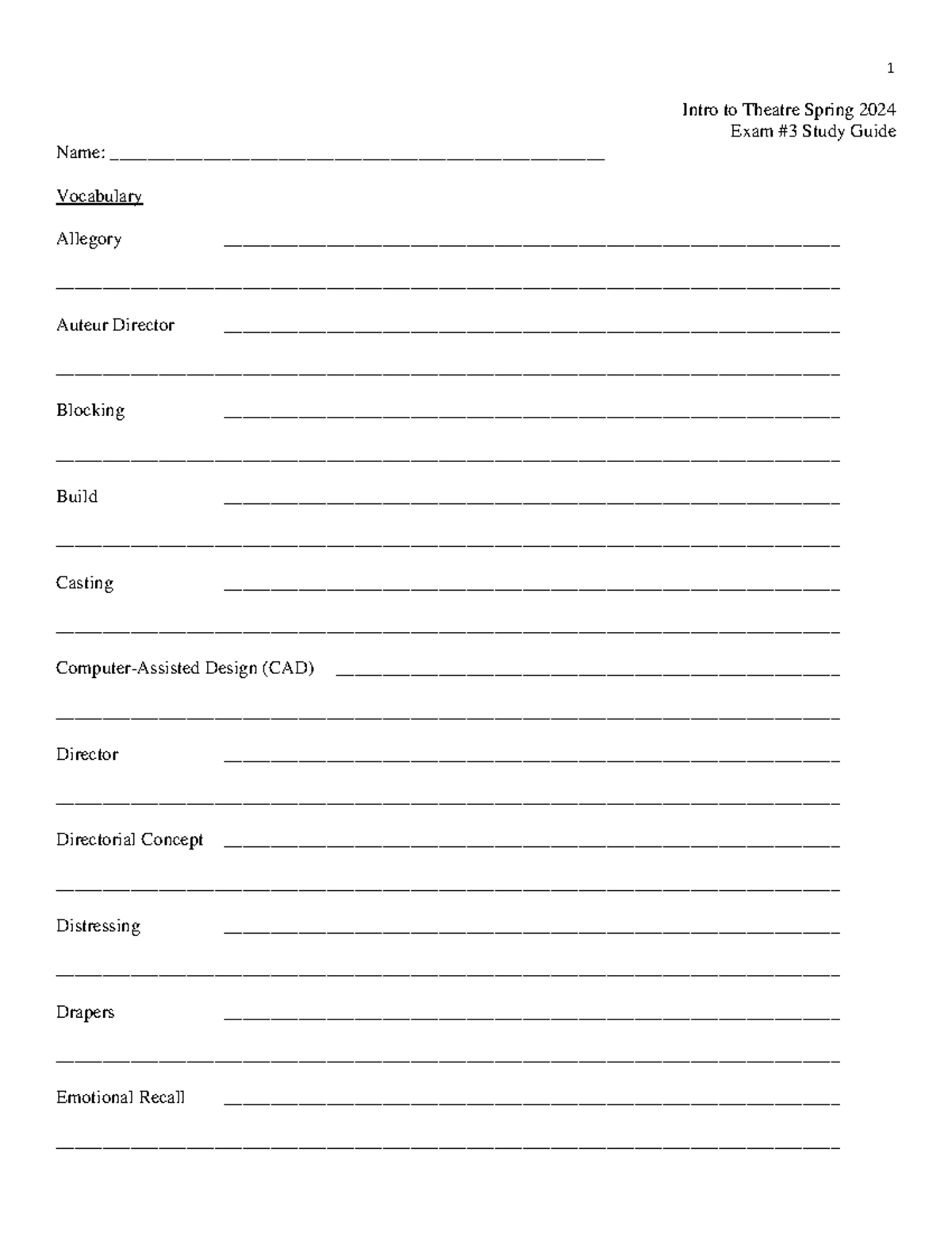 Exam #3 Review - Intro to Theatre Spring 2024 Exam # 3 Study Guide Name ...