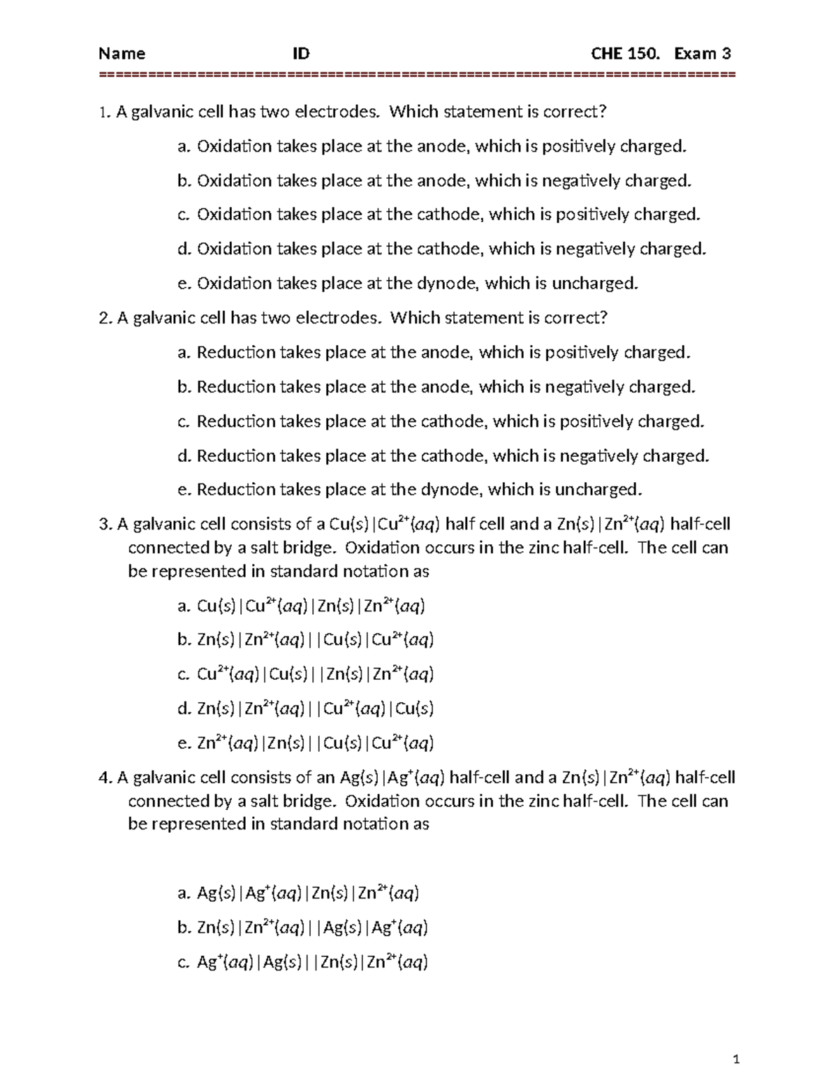 Chapter 20 Electrochemistry Practice Questions Spring 2023 - - Studocu