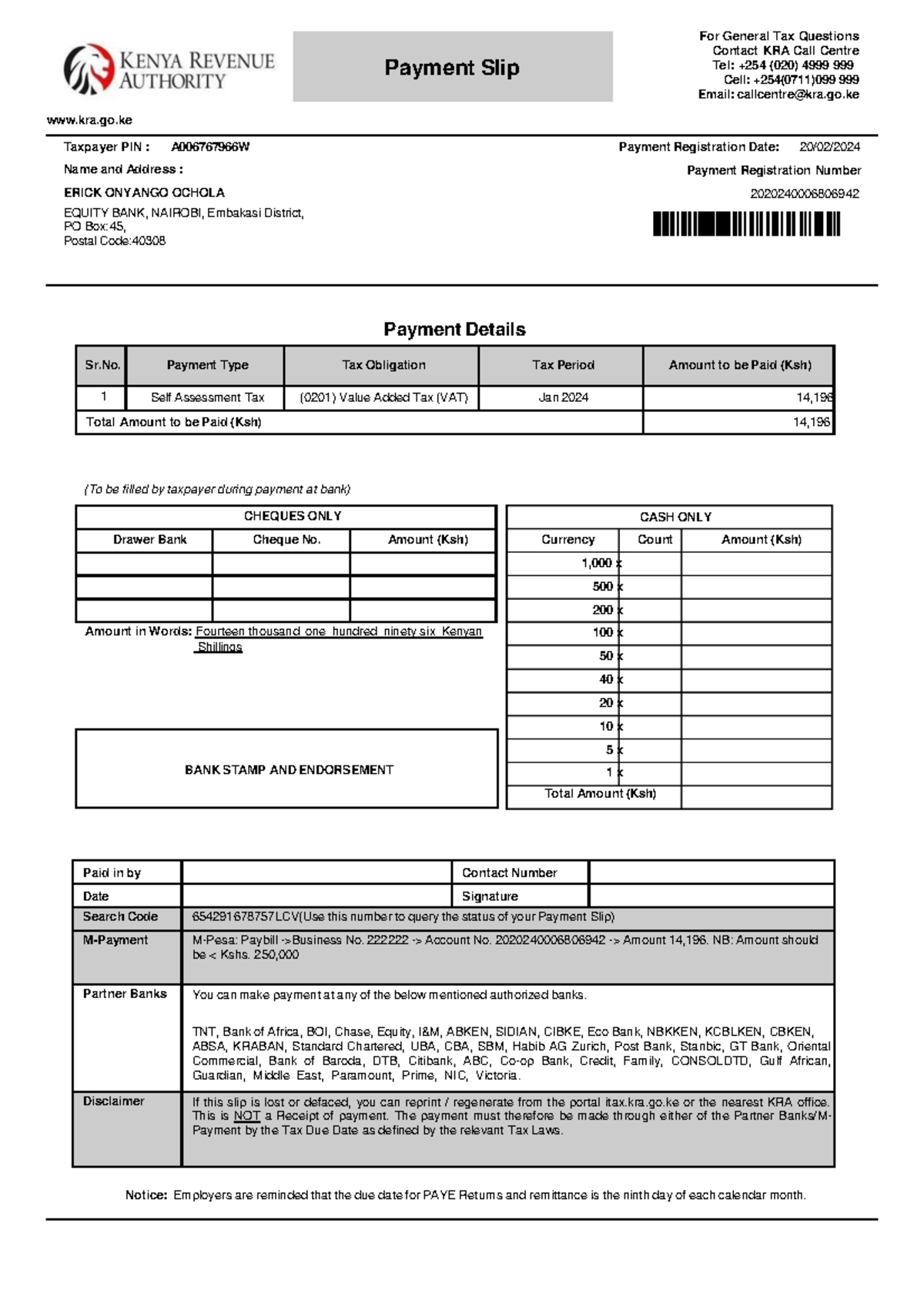 2020240006806942 - BANK STAMP AND ENDORSEMENT kra.go Taxpayer PIN ...