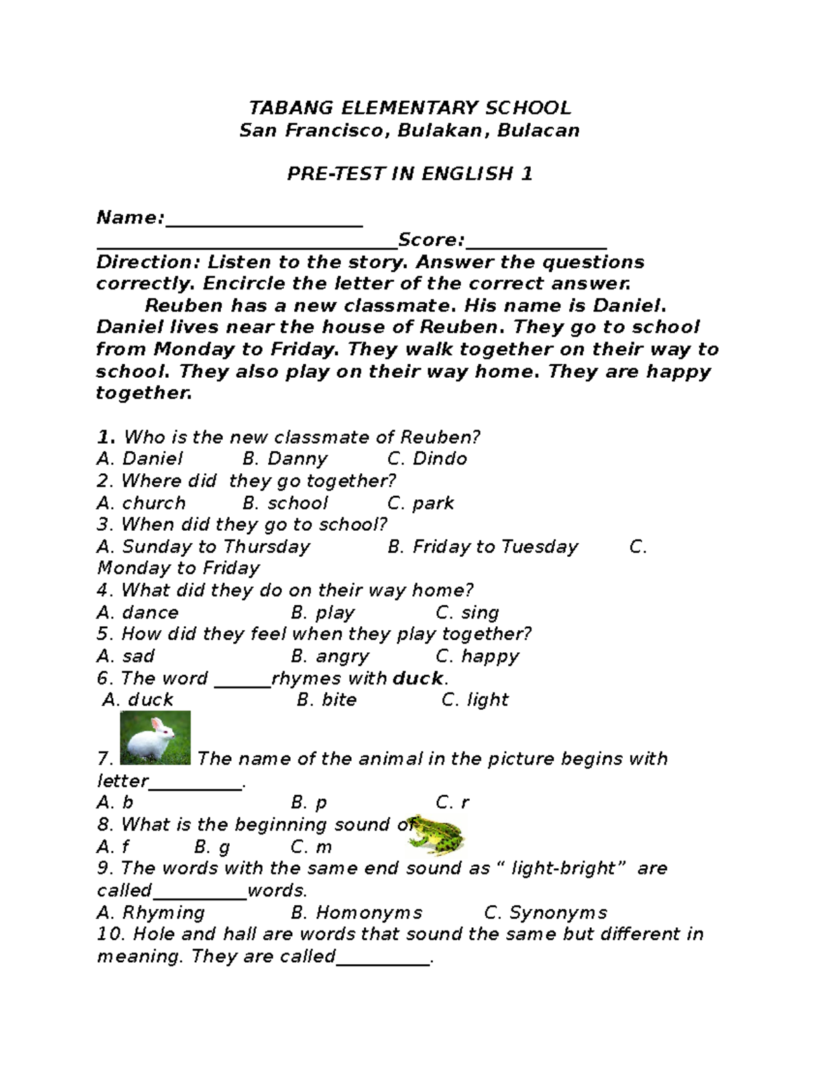 PRE-TEST English 1 - lectures and activities for student - TABANG ...
