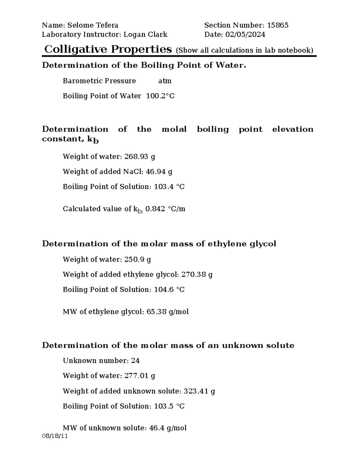 03.Colligative Prop Submission - Name: Selome Tefera Section Number: 15865 Laboratory Instructor ...