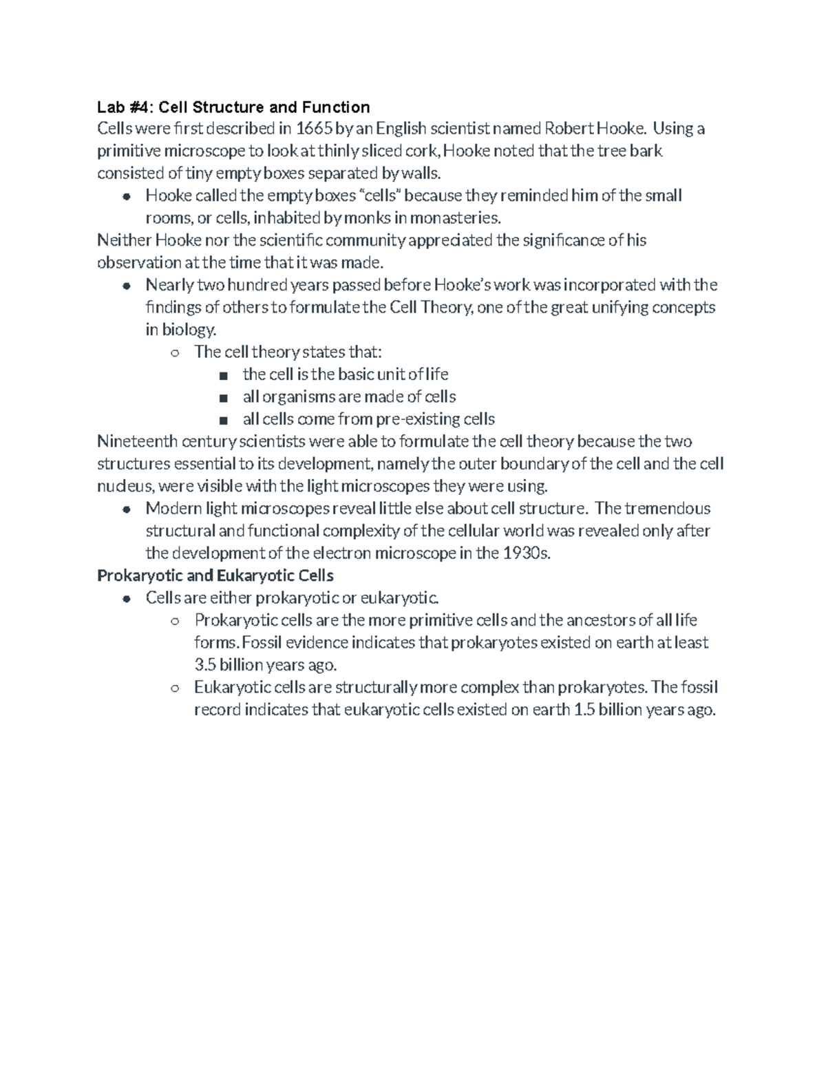 Lab #4 Cell Structure and Function - Lab #4: Cell Structure and ...