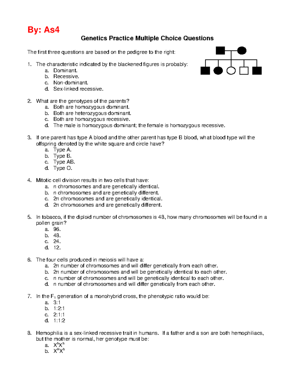 Genetics practice 2 - By: As Genetics Practice Multiple Choice ...