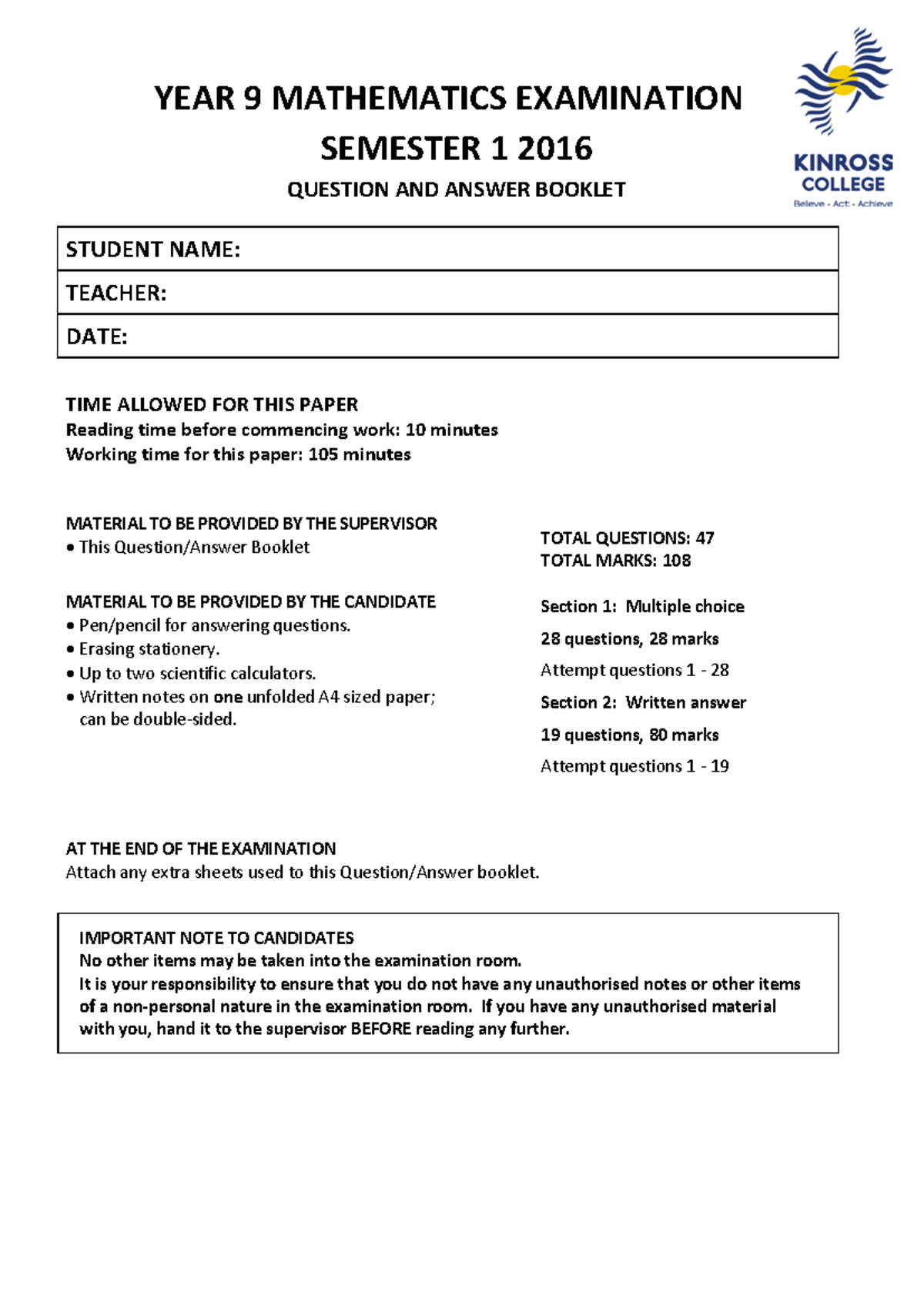 Year 9 Maths exam - test - YEAR 9 MATHEMATICS EXAMINATION SEMESTER 1 ...