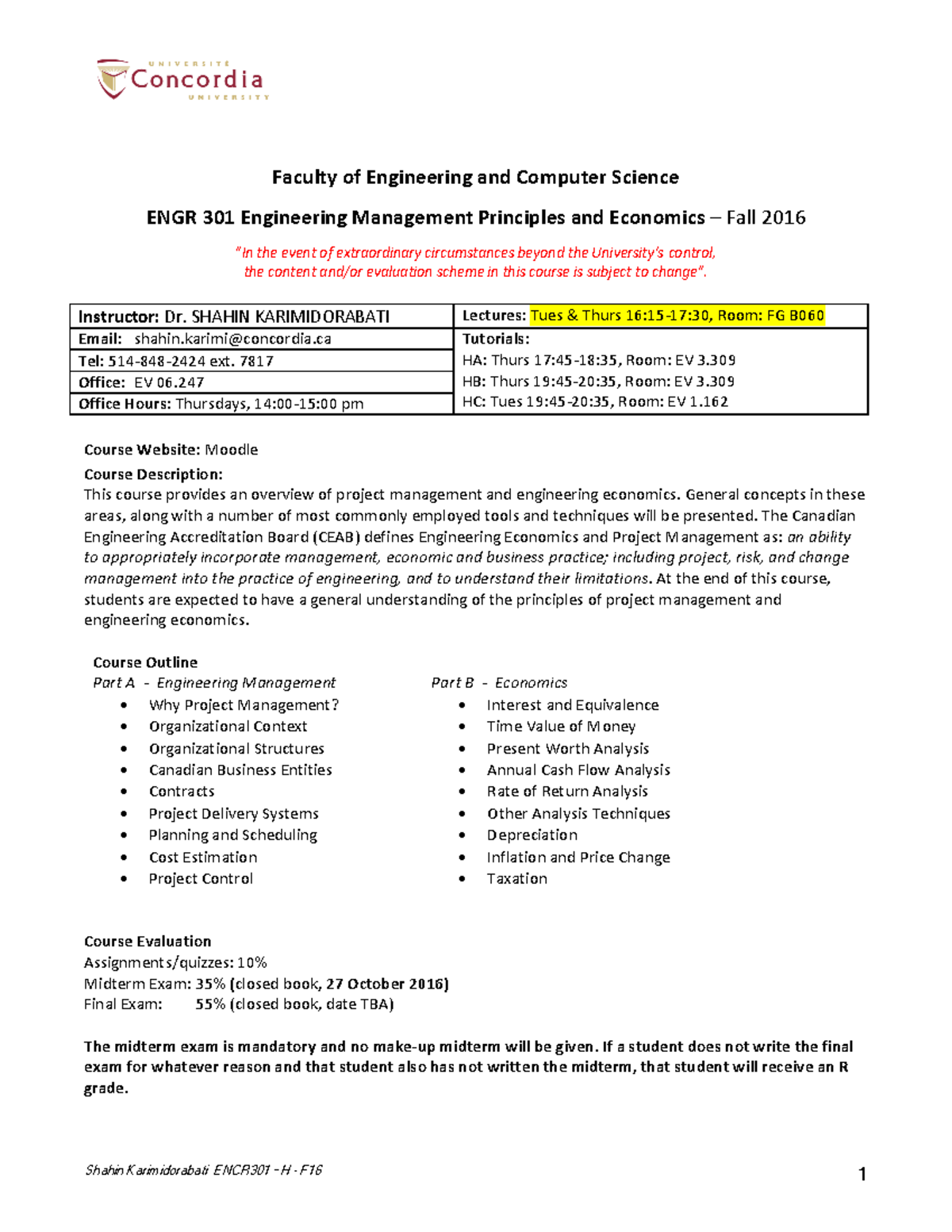 Outline - Faculty of Engineering and Computer Science ENGR 301 Engineering Management Principles ...
