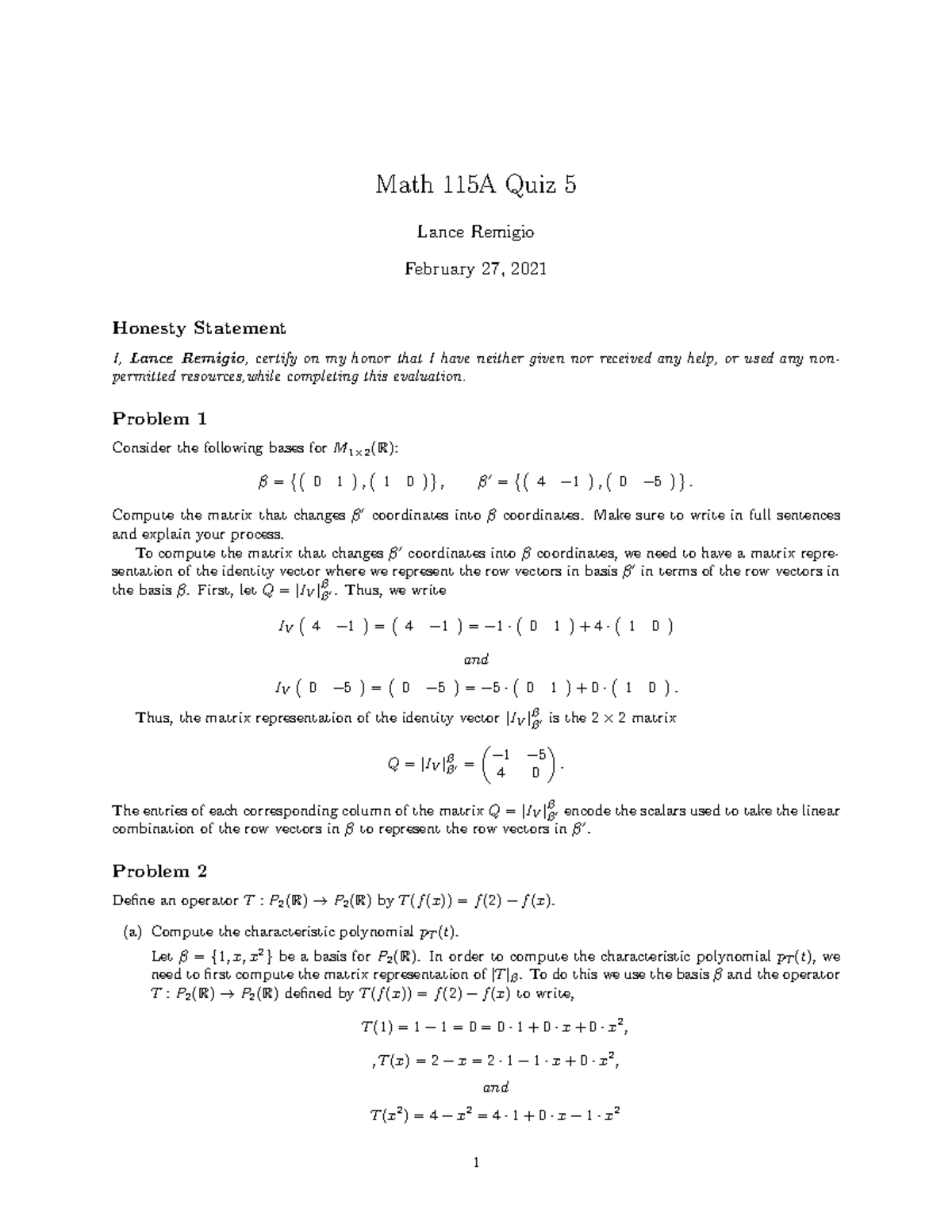 Math 115A Quiz 5 - See title. Covers bases, characteristic polynomials ...