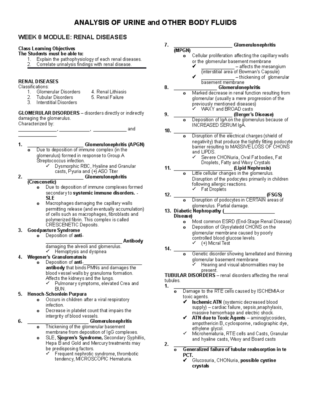 Week 8 Module Renal Disease - ANALYSIS OF URINE and OTHER BODY FLUIDS ...