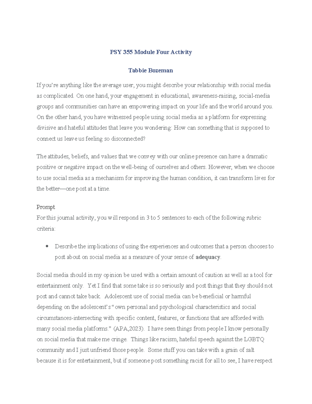 PSY 355 Module Four Activity - PSY 355 Module Four Activity Tabbie ...