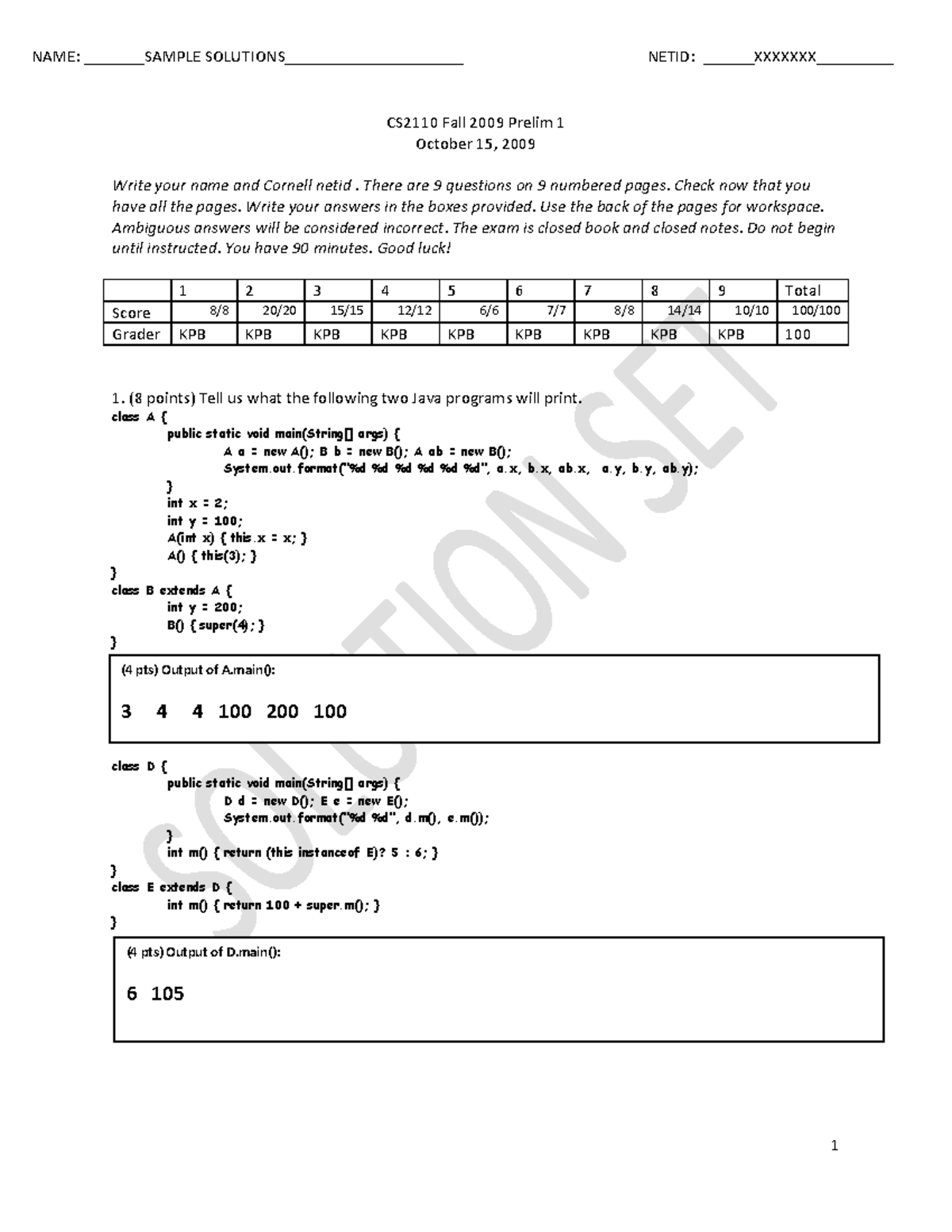 Prelim 1 Solutions Fall 2009 - CS2110 Fall 2009 Prelim 1 October 15, 2009 Write your name and ...
