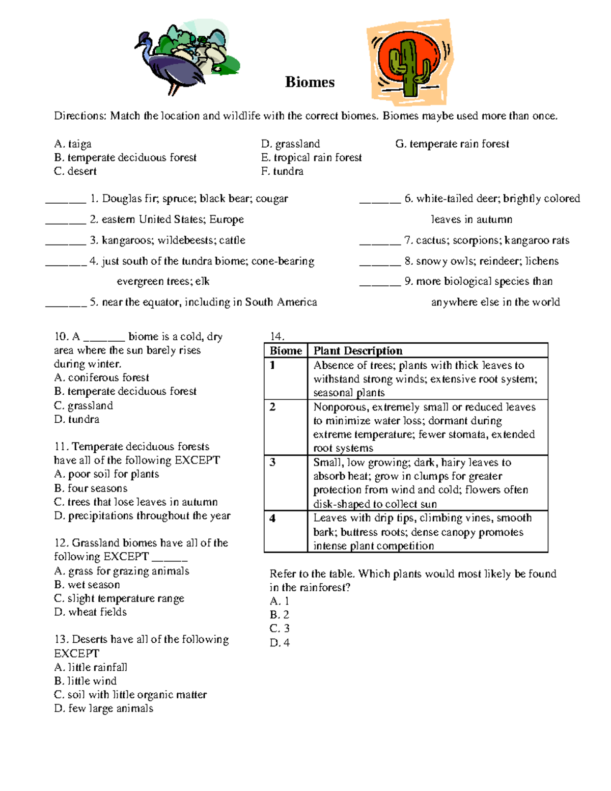 - Biomes Worksheet student - Biomes Directions: Match the location and ...