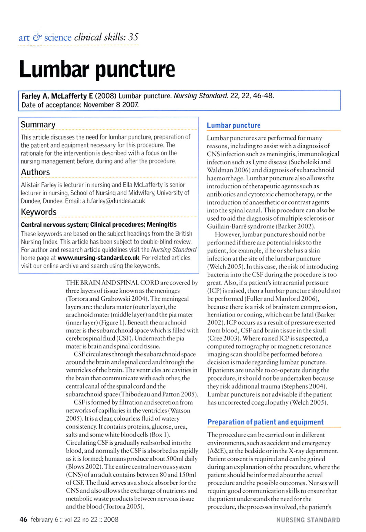 Lumbar puncture - Nursing Standard. 22, 22, Date of acceptance ...