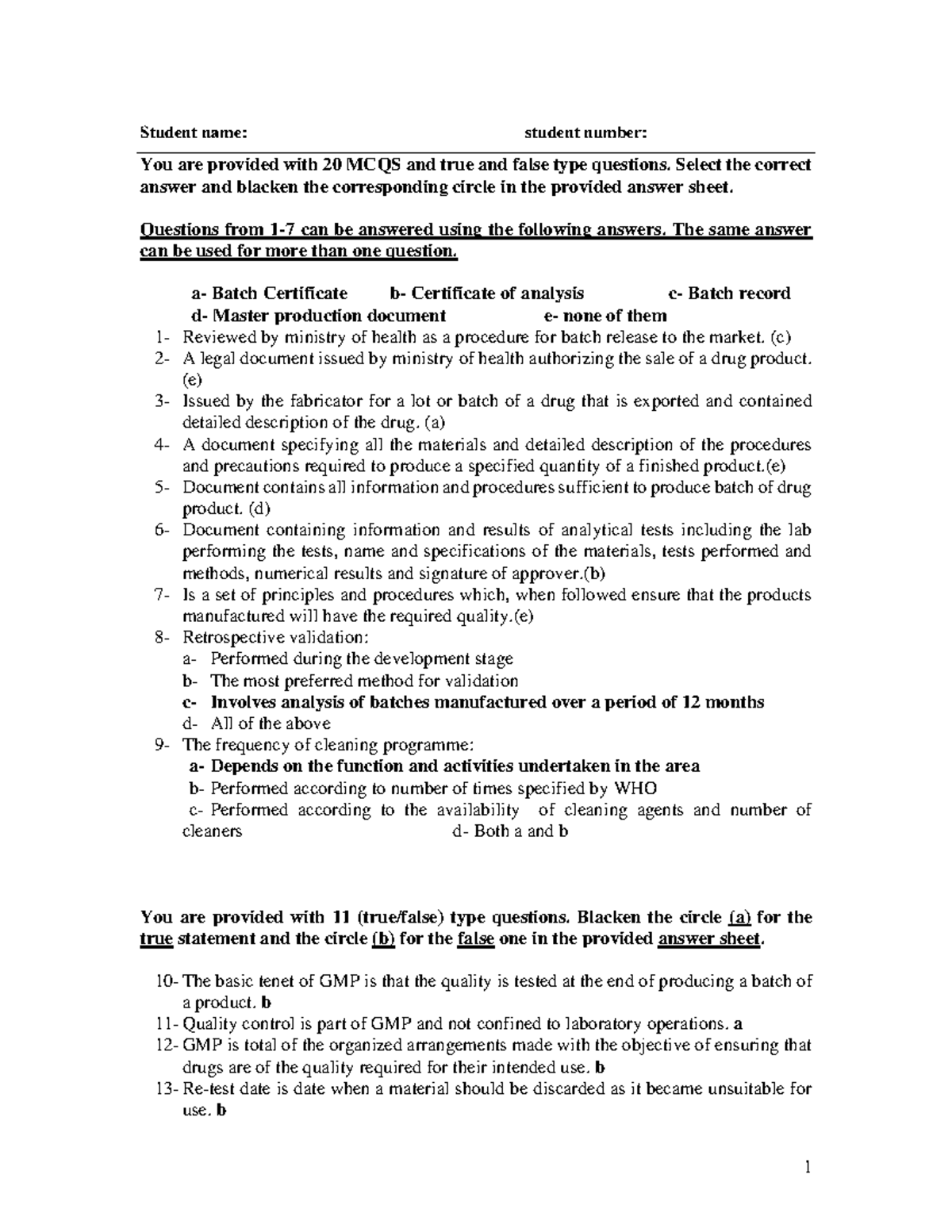 Mid term exam GMP with answers - 1 Student name: student number: You ...