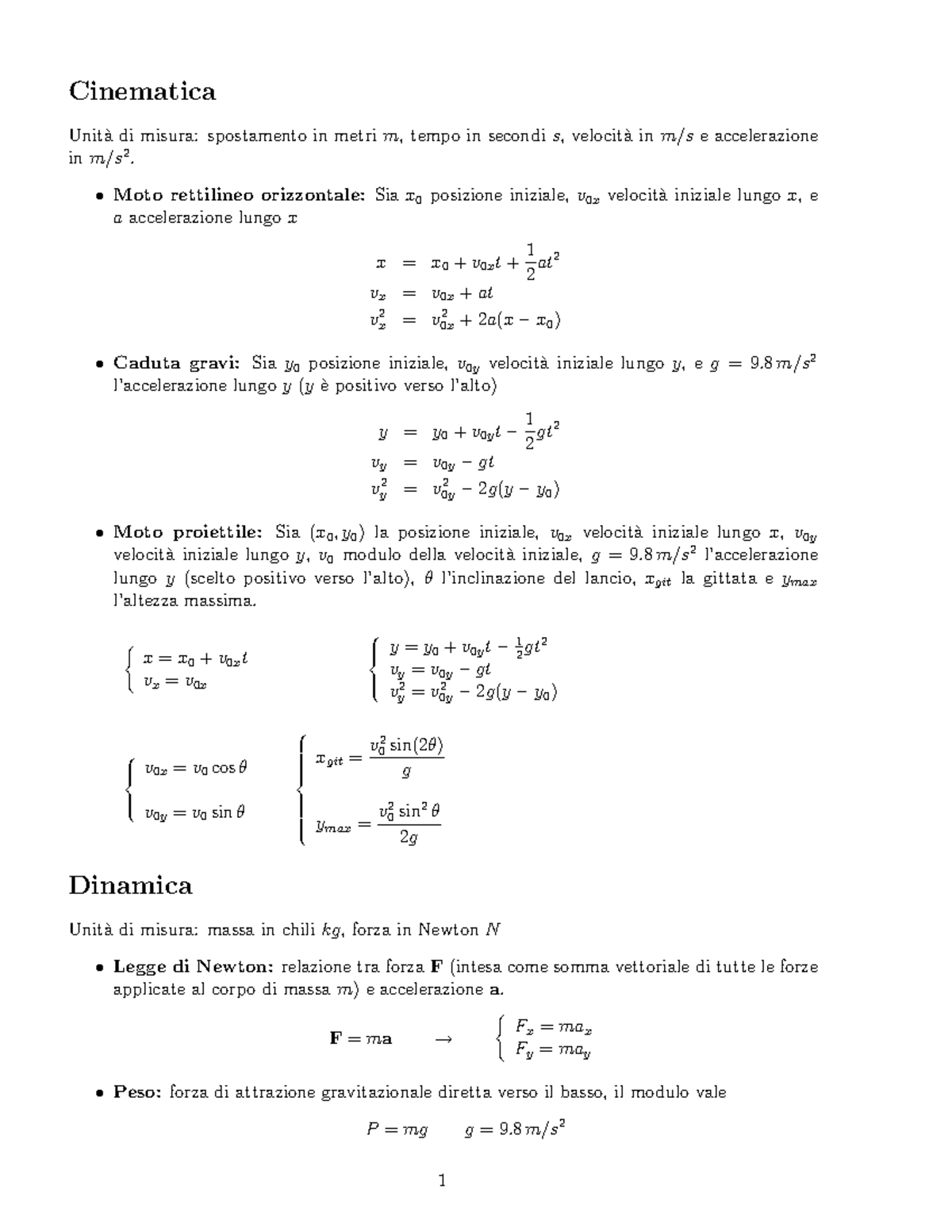 Formule - Fisica - Cinematica Unita di misura: spostamento in metrim ...