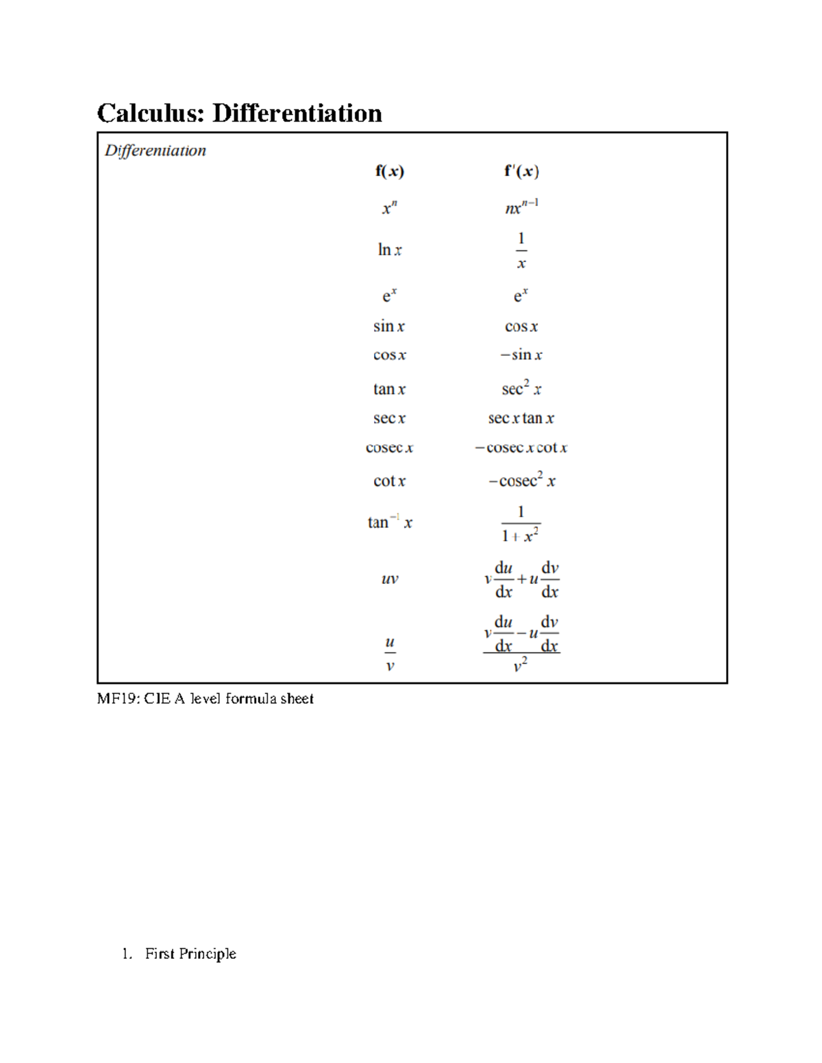 Week5 and 6 materials - Practice - Calculus: Differentiation MF19: CIE ...