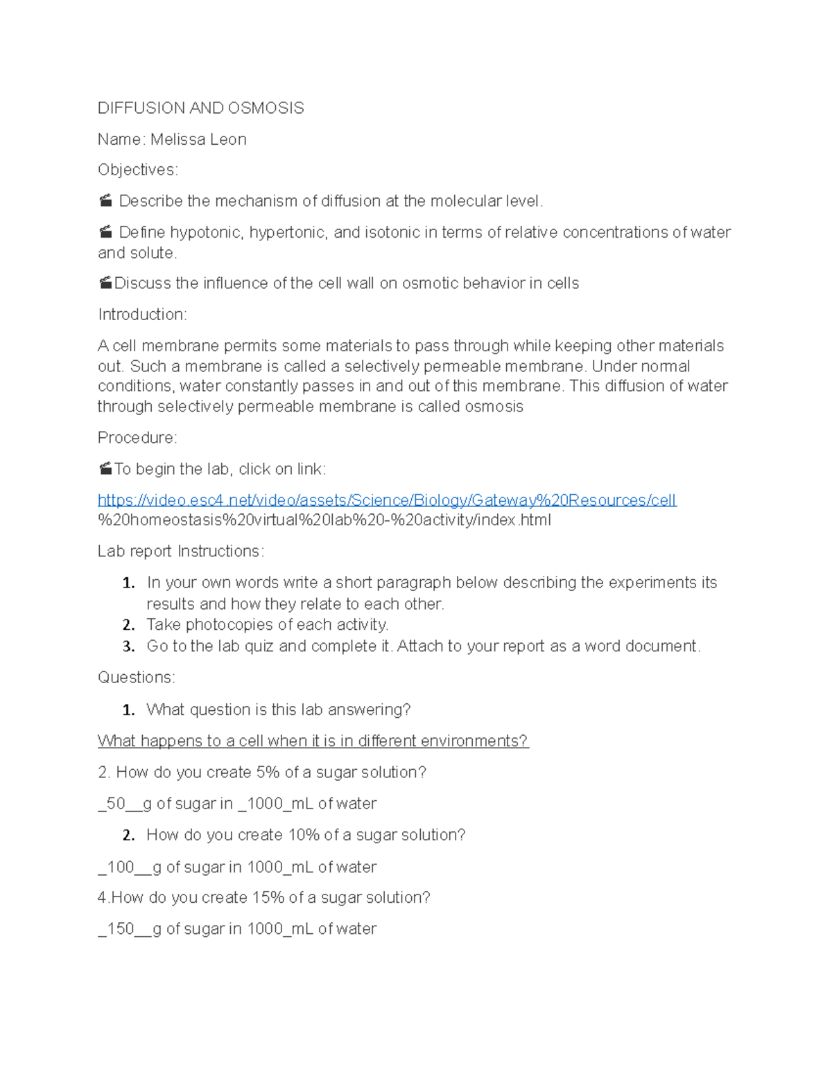 Diffusion and Osmosis lab - DIFFUSION AND OSMOSIS Name: Melissa Leon ...