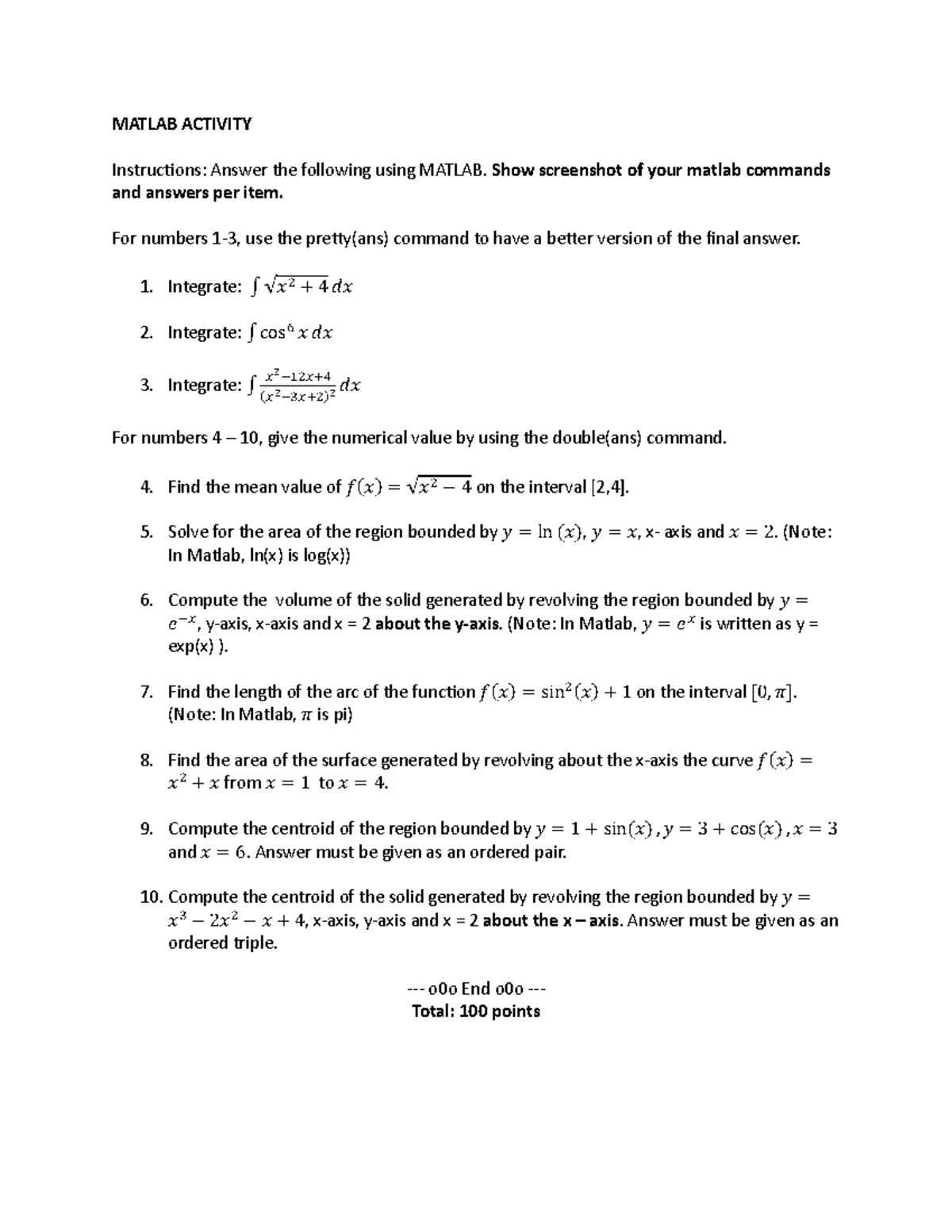 Math 147 Matlab Activity Matlab Activity Instrucons Answer The Following Using Matlab Show 