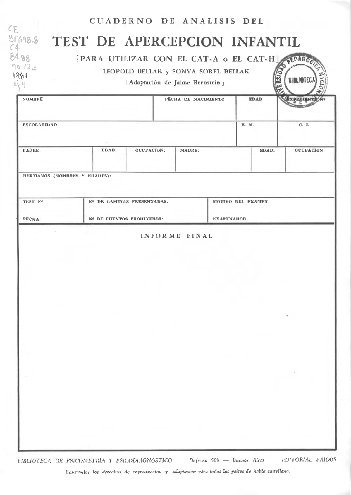 Test CAT-A - TEST CAT-A HOJA Y LAMINAS - PSICOLOGÍA EDUCATIVA Y ...