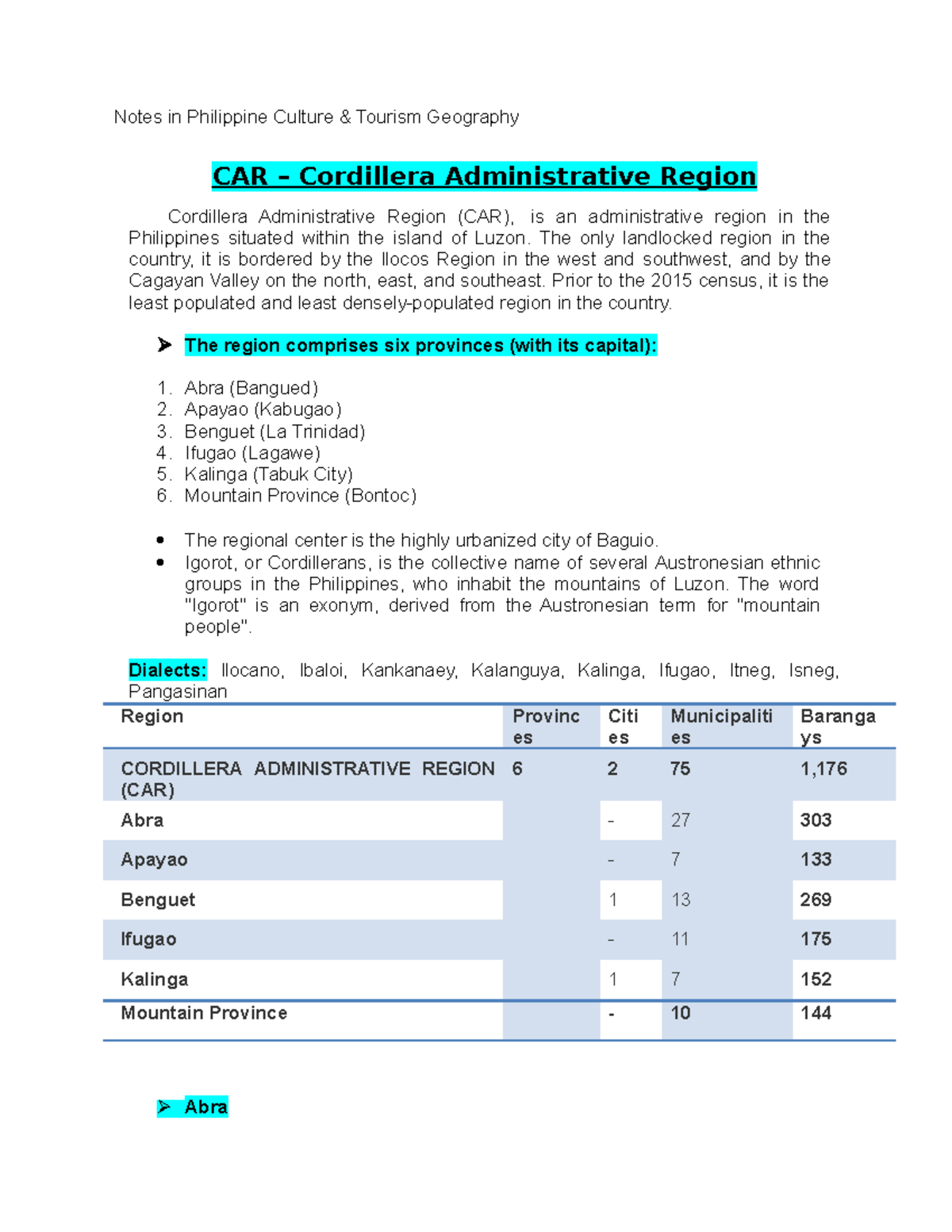 CAR – Cordillera Administrative Region - Notes in Philippine Culture ...