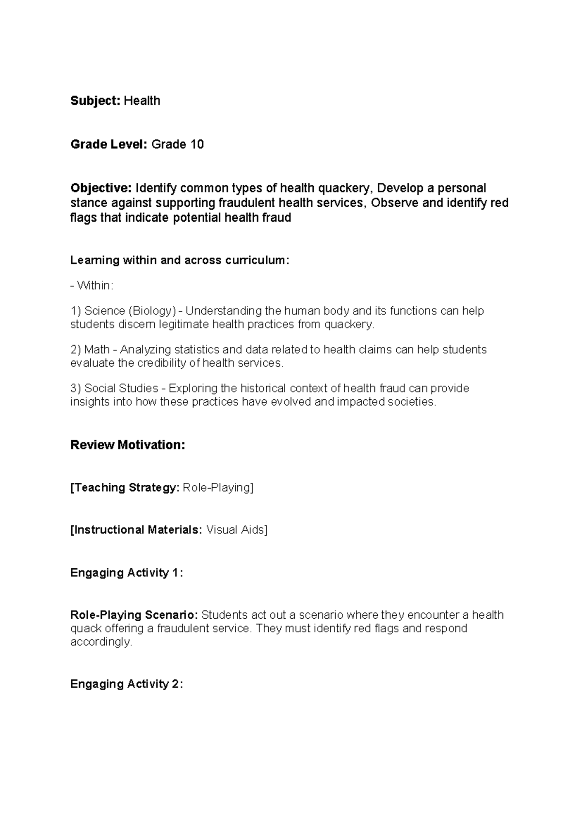 Lesson plan - Subject: Health Grade Level: Grade 10 Objective: Identify ...