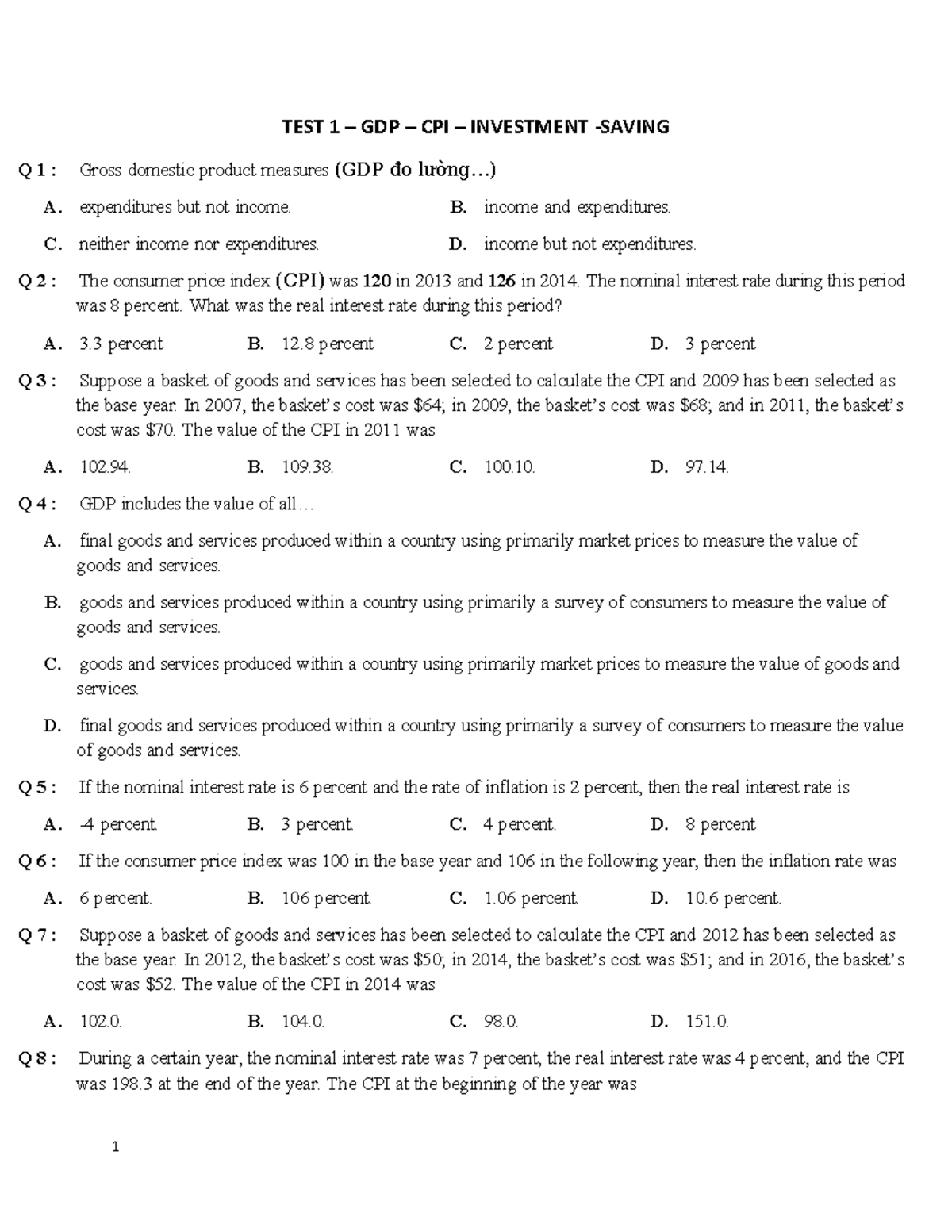 TEST 1 - Macro -GPD CPI -50 câu - co dap an - TEST 1 – GDP – CPI ...