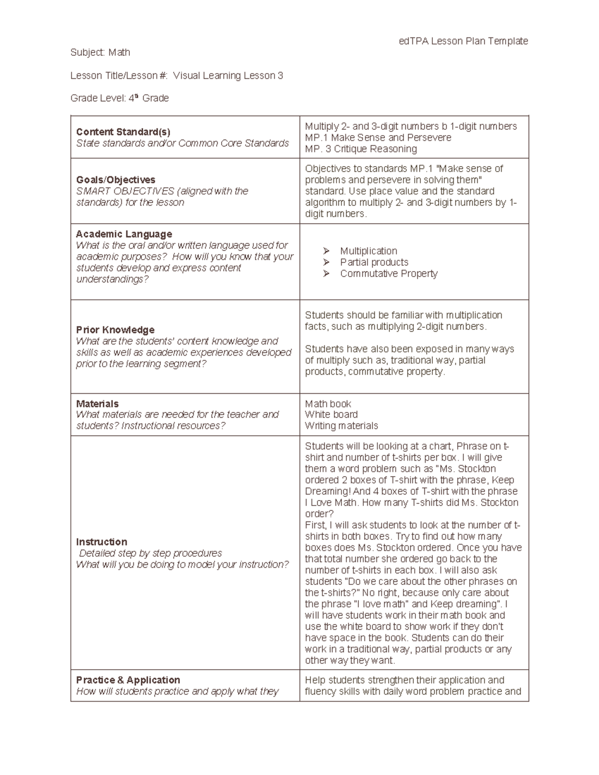 Week 9 lesson plan (4th grade math) - edTPA Lesson Plan Template ...
