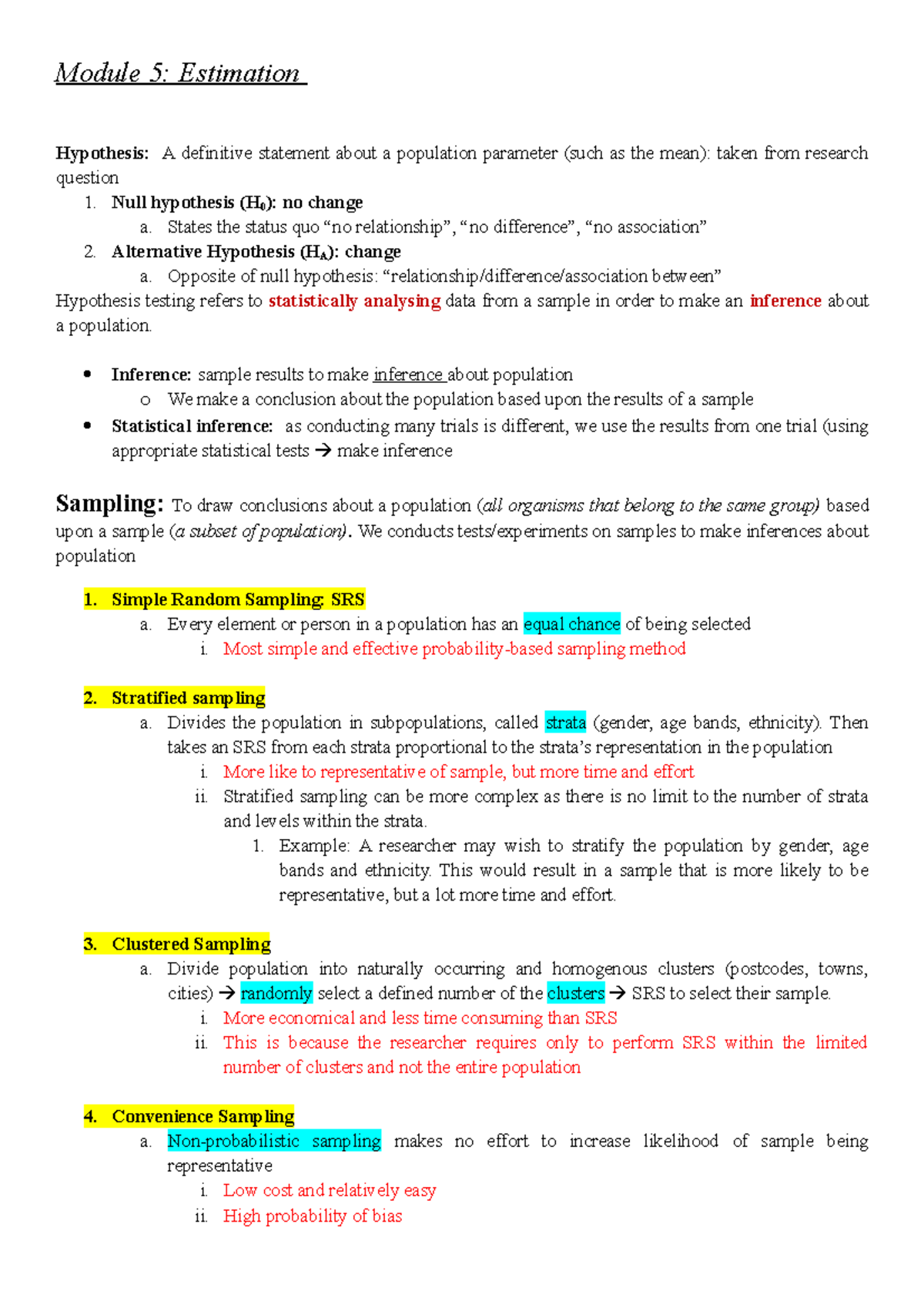Module 5 lectorial notes - Module 5: Estimation Hypothesis: A ...