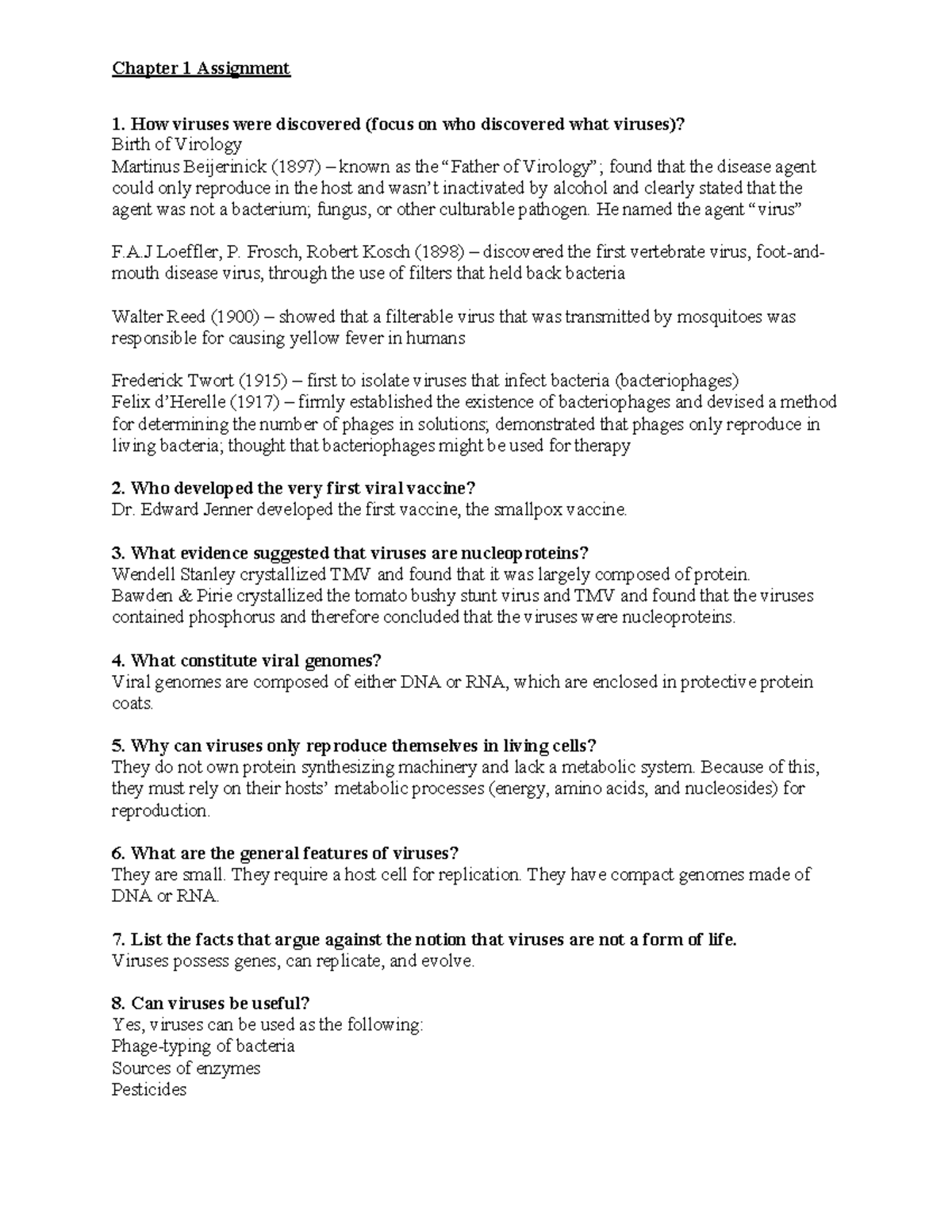 Chapter 1 Assignment answers - Chapter 1 Assignment How viruses were ...