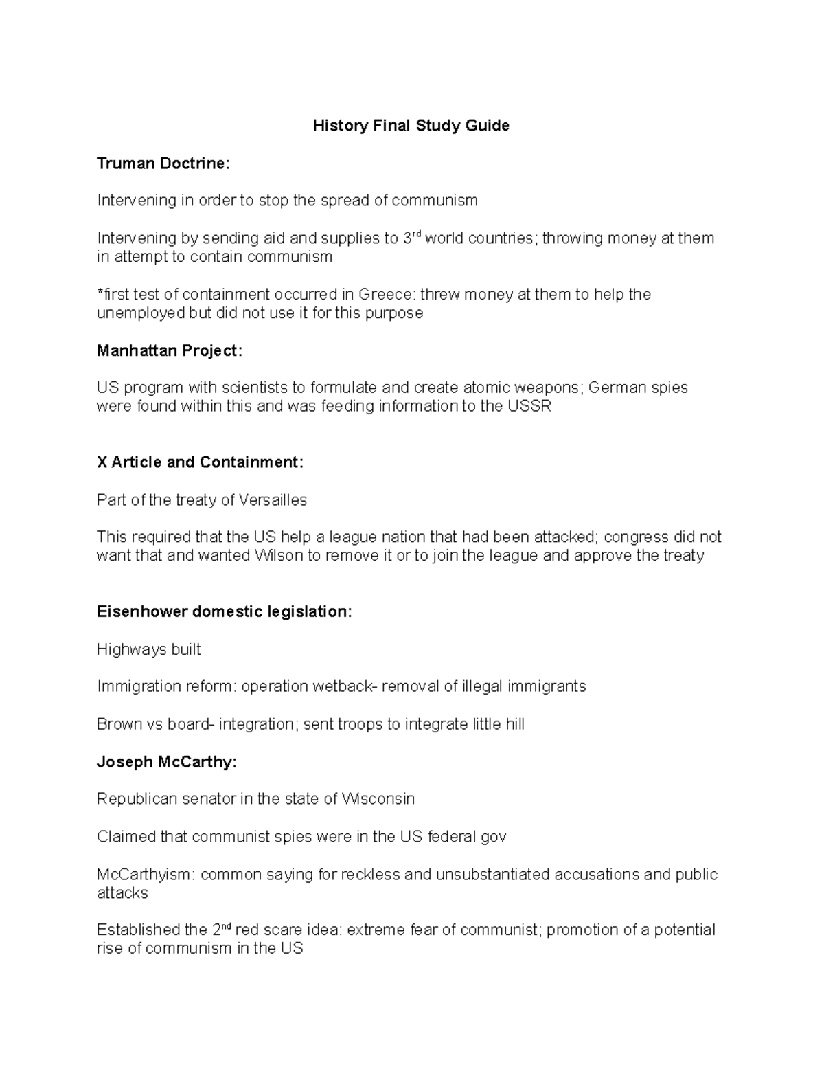 HIST 2112 study guide - History Final Study Guide Truman Doctrine ...