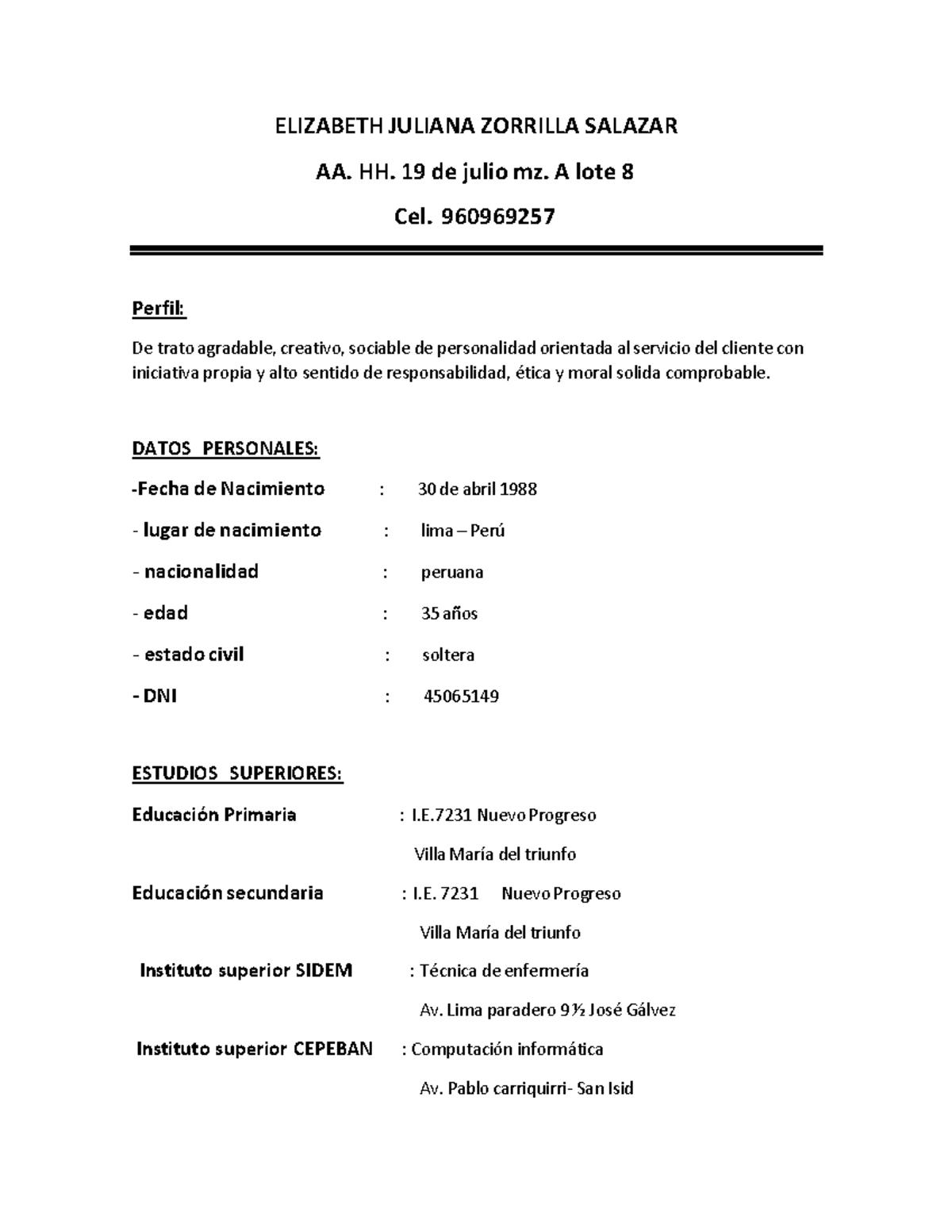 CV- Elizabeth Juliana Zorrilla Salazar - ELIZABETH JULIANA ZORRILLA ...