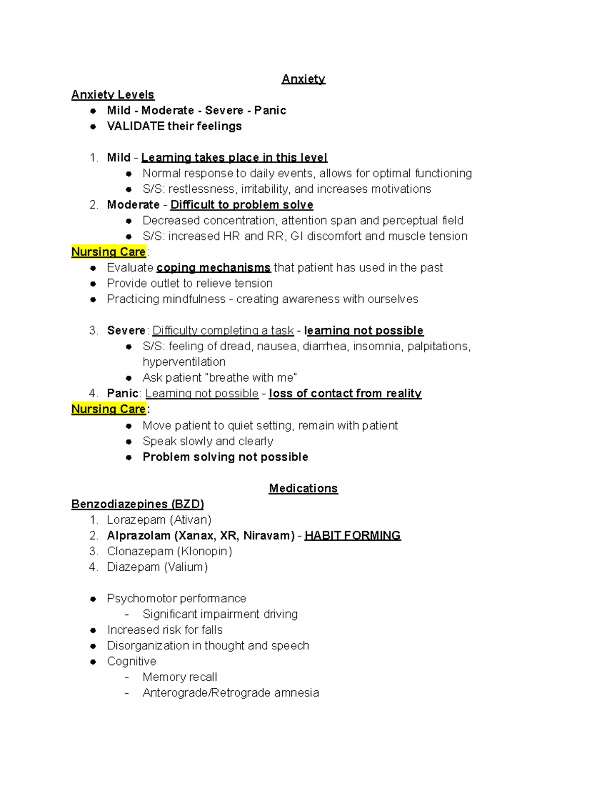 Mental Health Week 5 Study Guide - Anxiety Anxiety Levels Mild ...