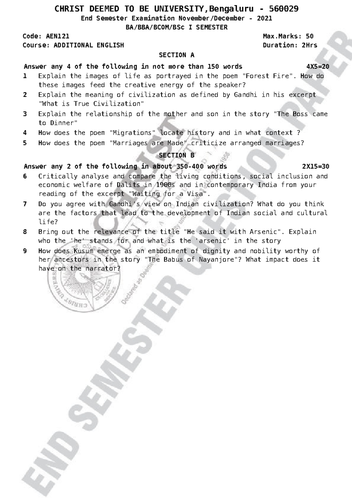 AEN121 - test paper - CHRIST DEEMED TO BE UNIVERSITY,Bengaluru - 560029 ...