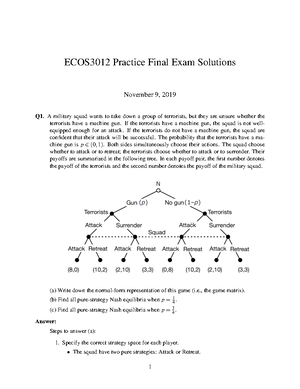 Tutorial 1 - TUT - ECOS3012 Strategic Behaviour Tutorial 1 questions ...