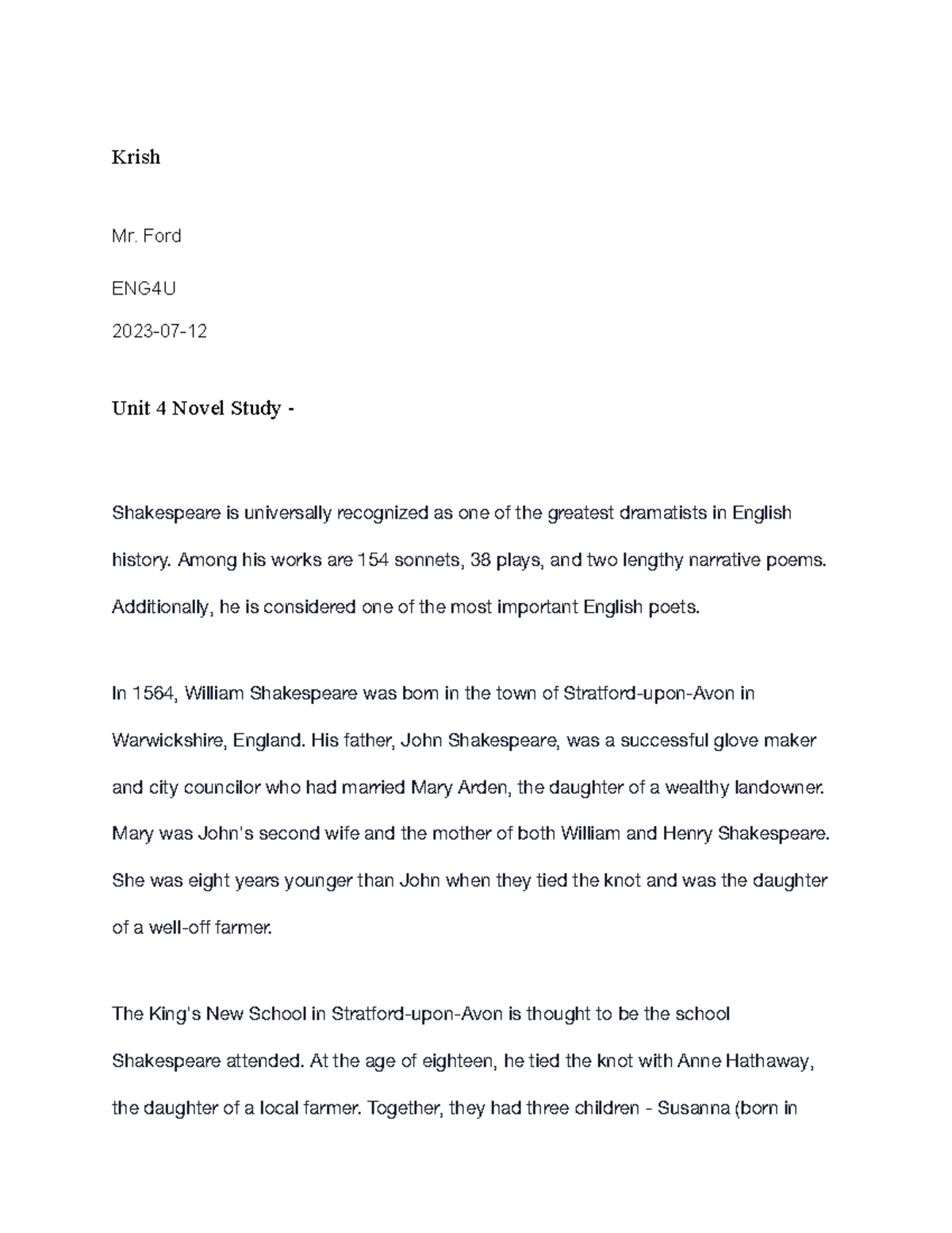 Unit 4 novel study - assignments - Krish Mr. Ford ENG4U 2023-07- Unit 4 ...
